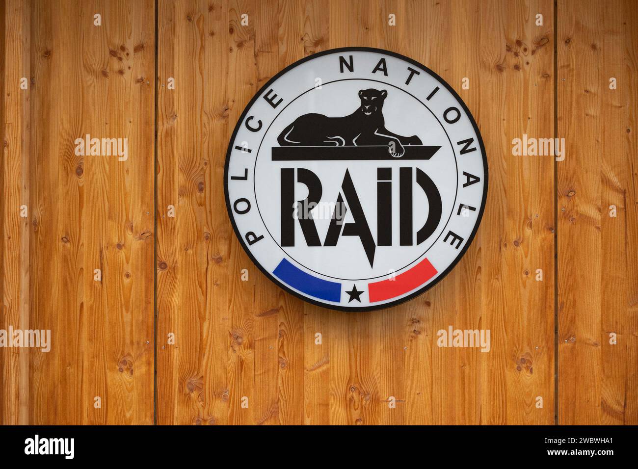 Bievres, France. 12th Jan, 2024. The logo of French National Police ...