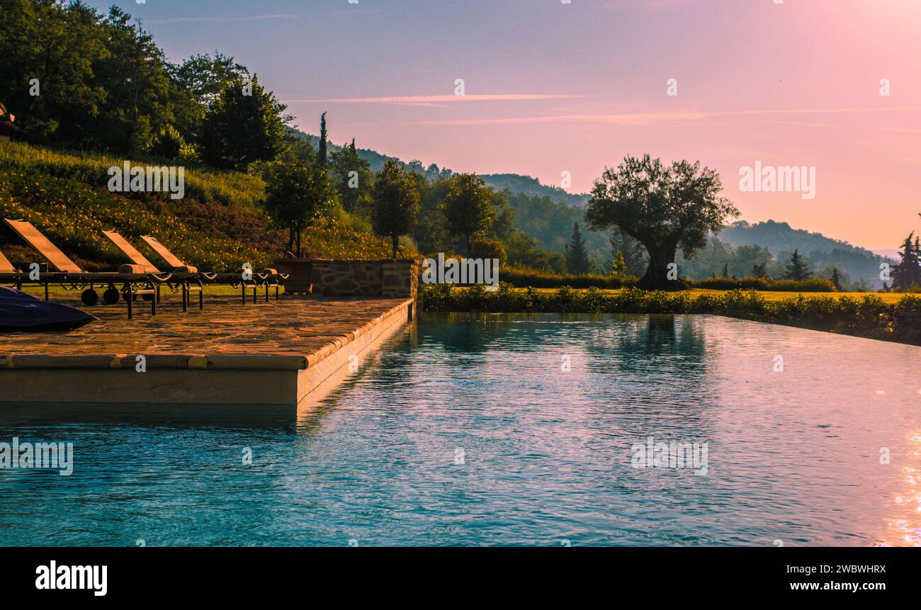 An outdoor swimming pool in Tuscany with pink sunrise sky and an olive ...