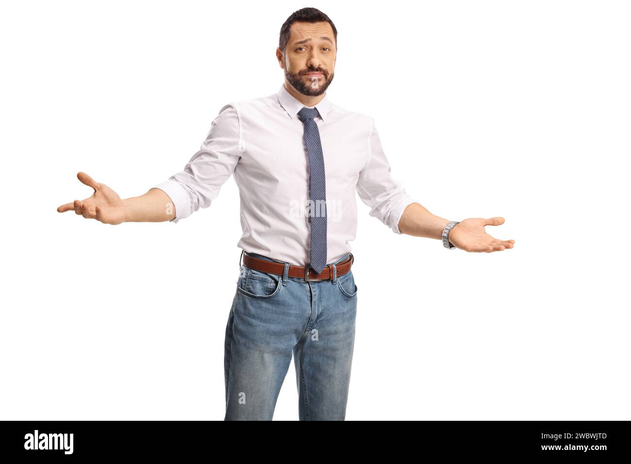 Confused businessman gesturing with hands isolated on white background ...