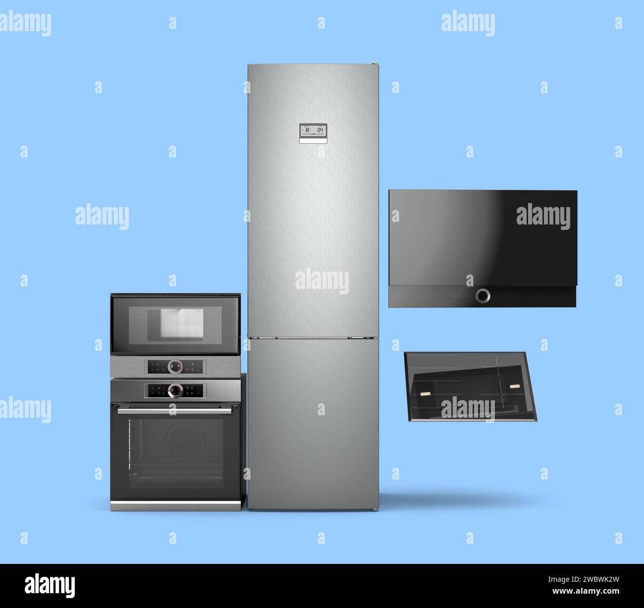 Modern built in kitchen appliances set front view 3d render on blue ...