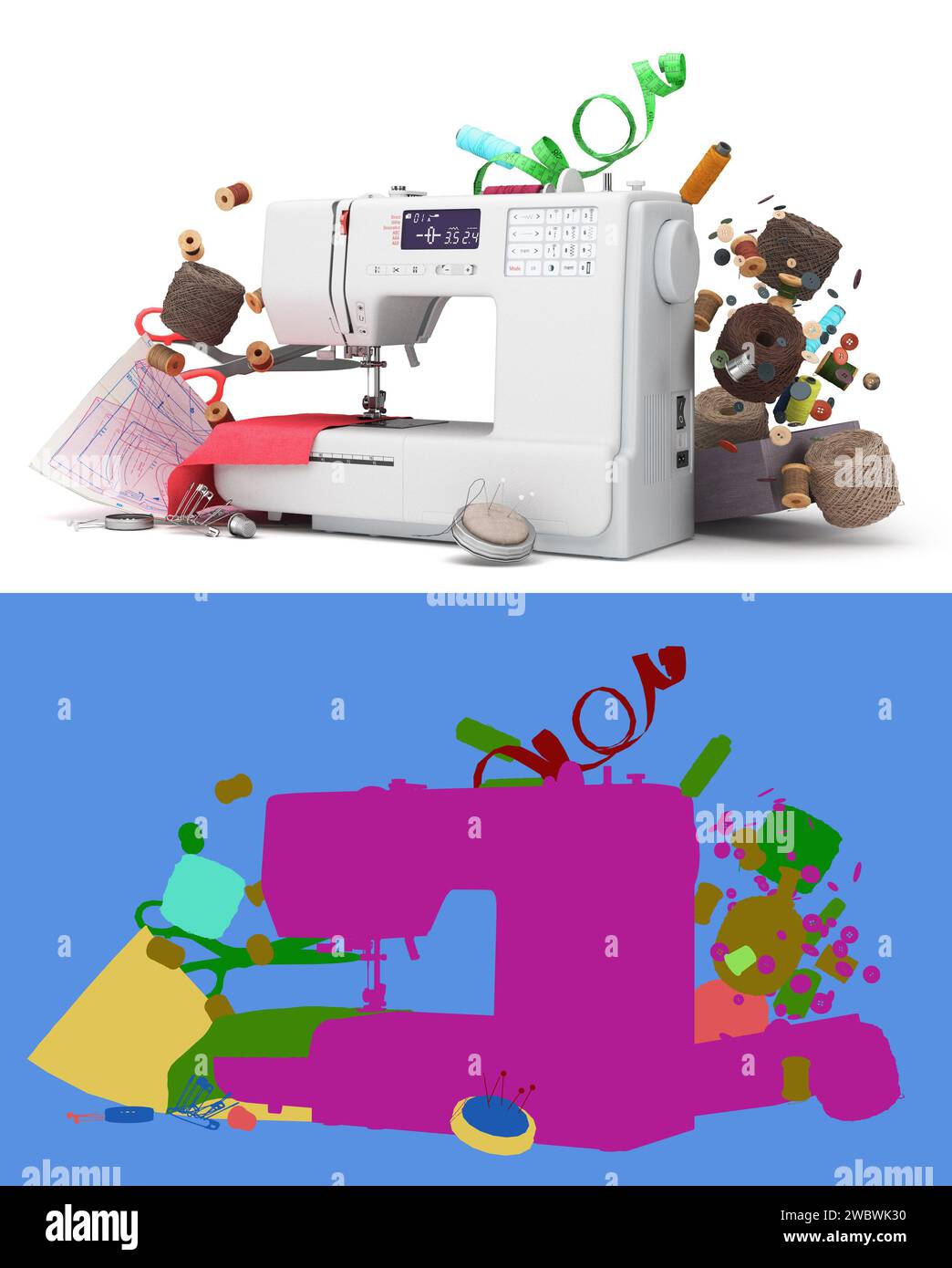 New sewing machine and accessories 3d render on white background with ...