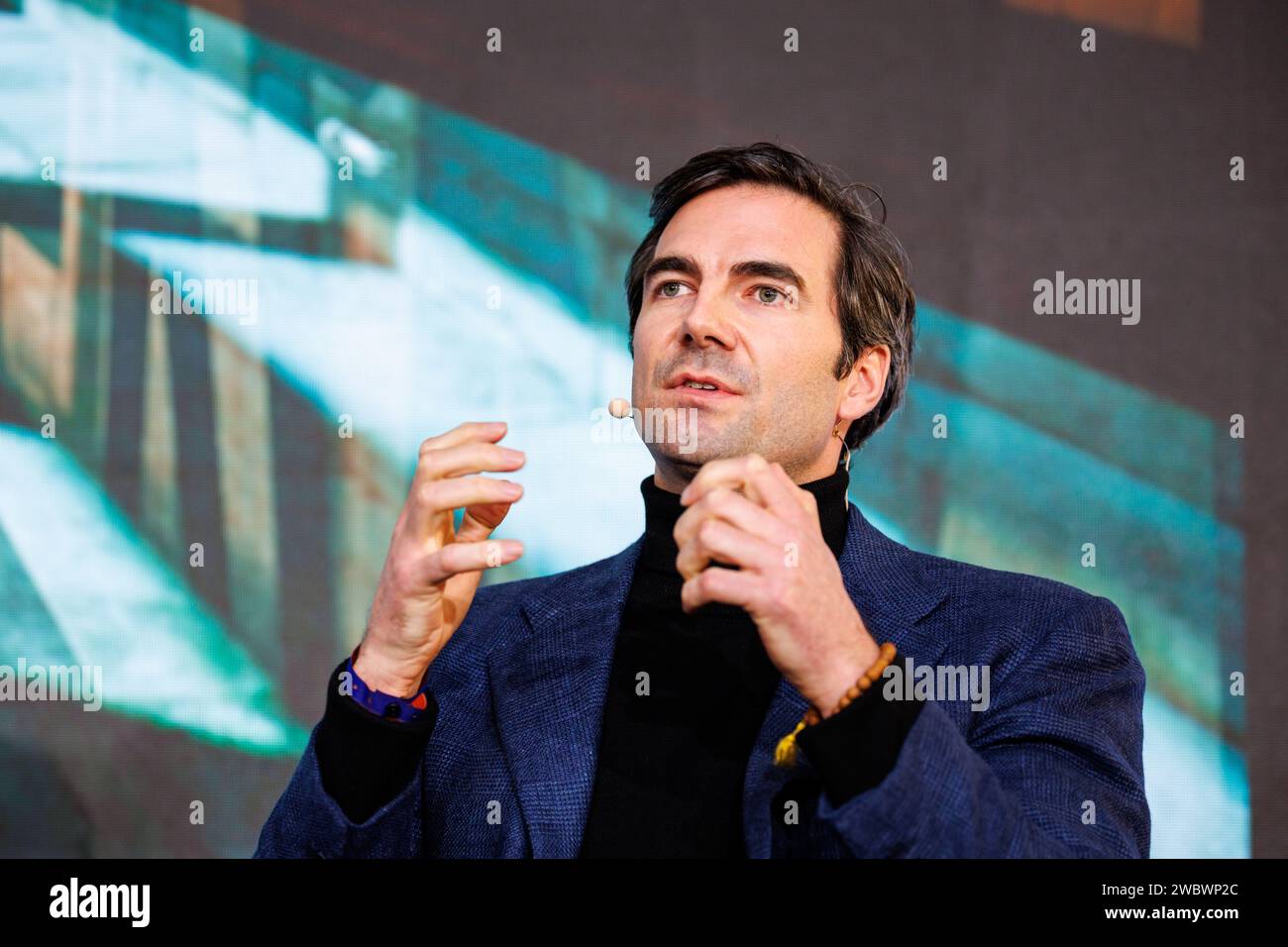 Munich, Germany. 12th Jan, 2024. Maxime Friess, Emerald Stay, speaks at ...