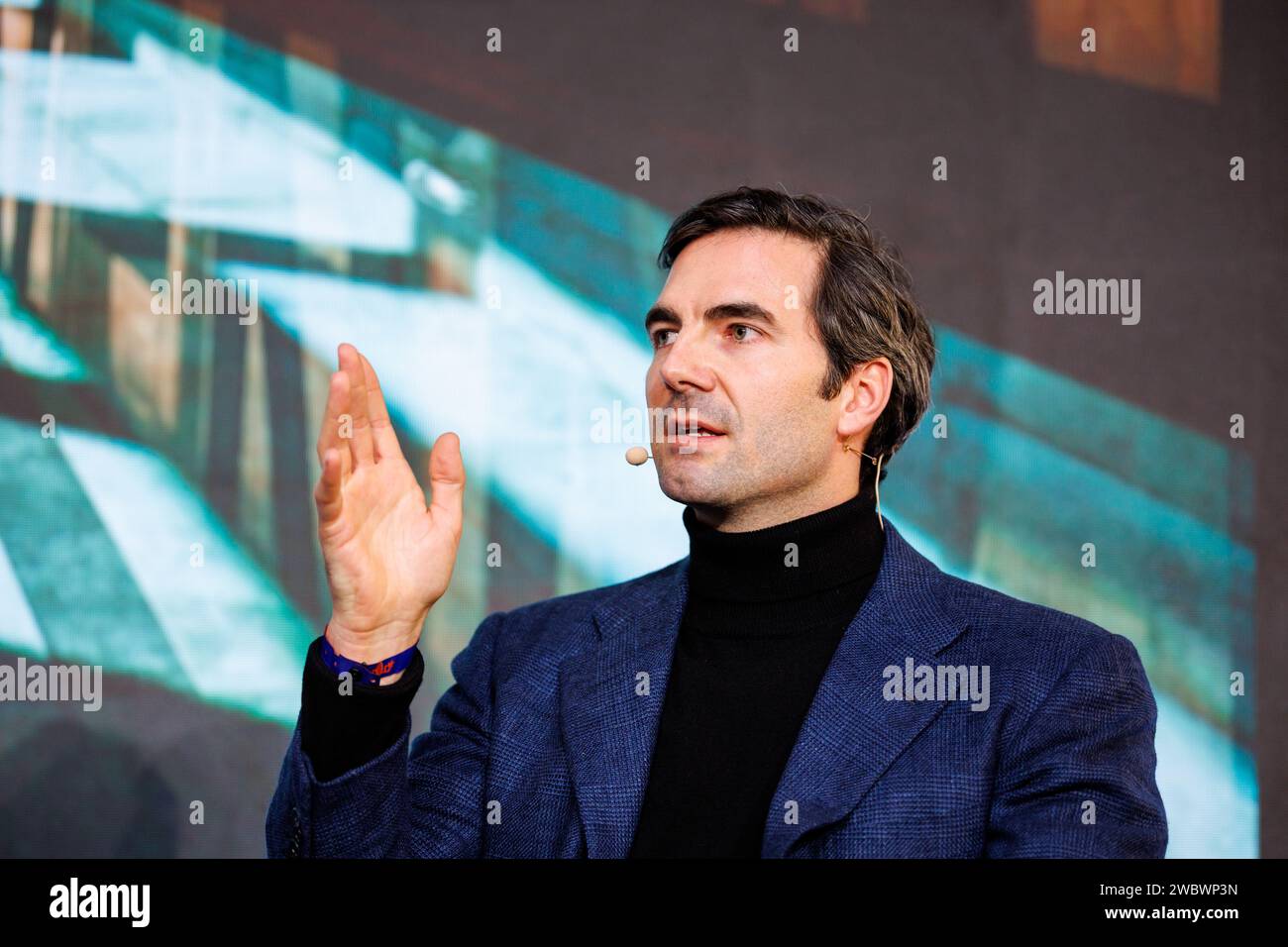 Munich, Germany. 12th Jan, 2024. Maxime Friess, Emerald Stay, speaks at ...