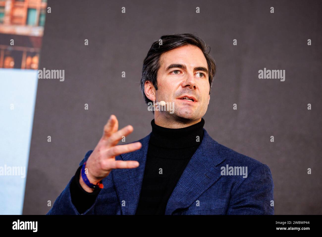 Munich, Germany. 12th Jan, 2024. Maxime Friess, Emerald Stay, speaks at ...