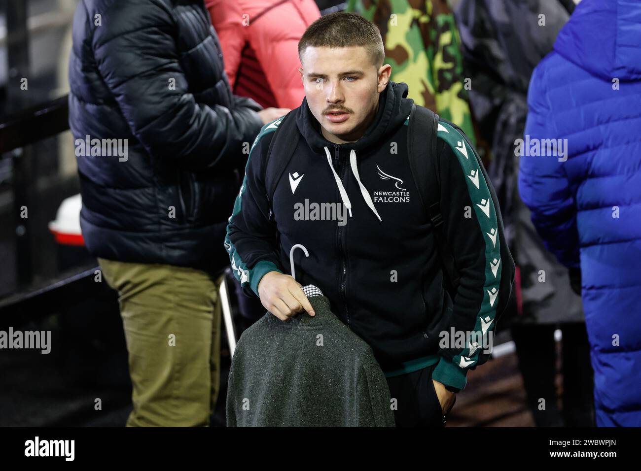 Newcastle, UK. 12th Jan, 2024. Josh Barton of Newcastle Falcons arrives ...