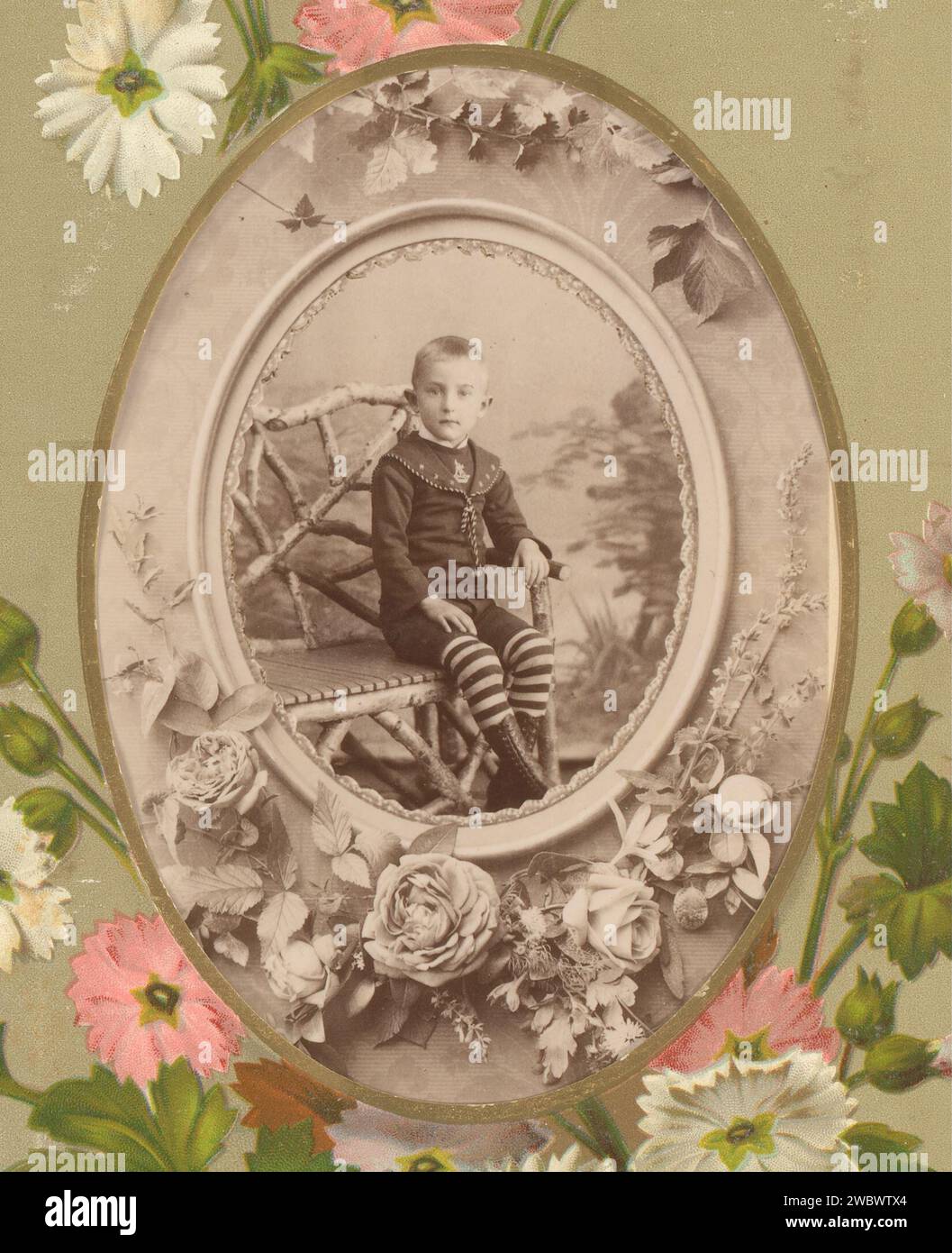 Portrait of a sitting boy on a couch surrounded by passe -partout with ...