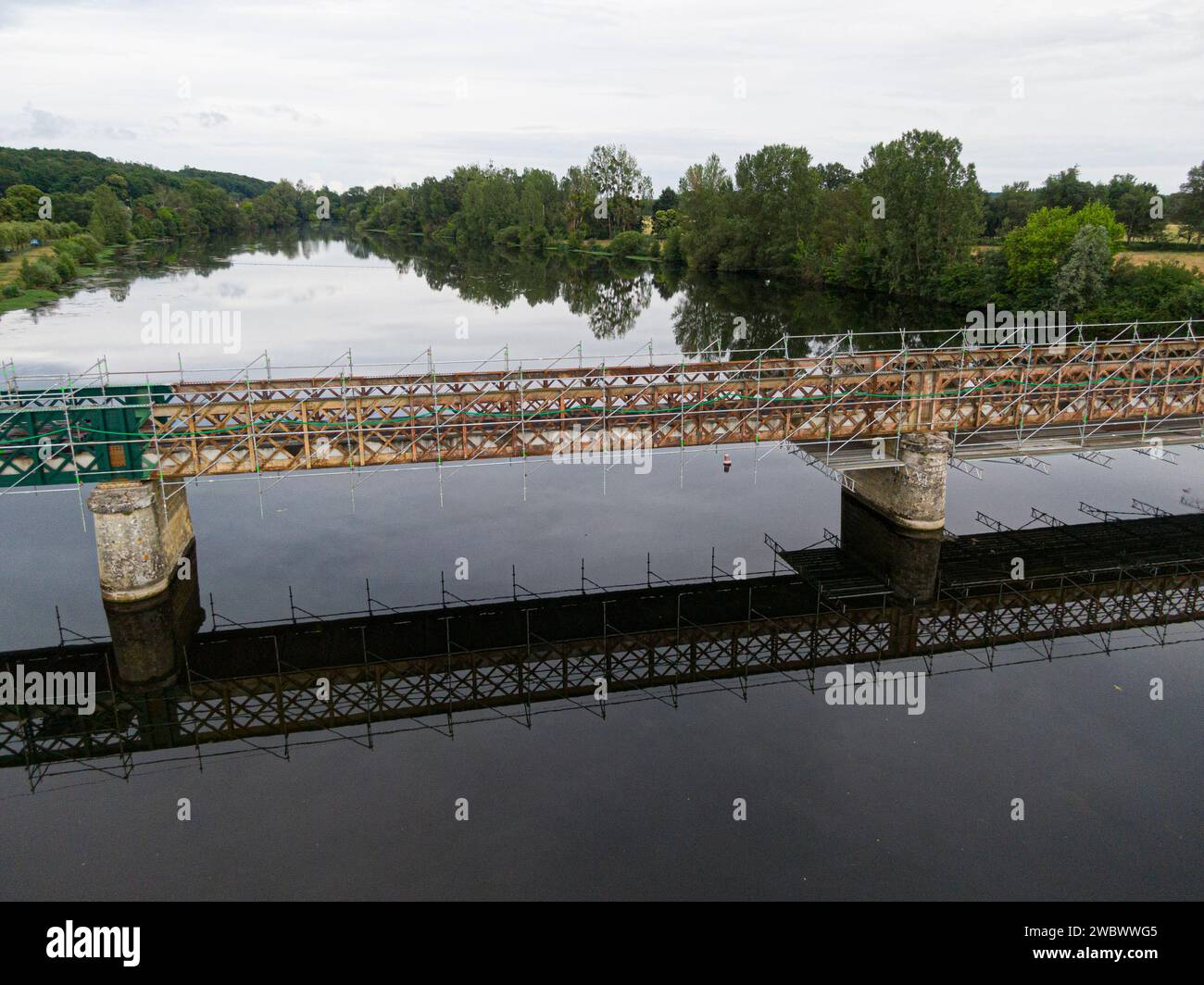 Scaffolding used for maintenance or restoration work on a small bridge ...