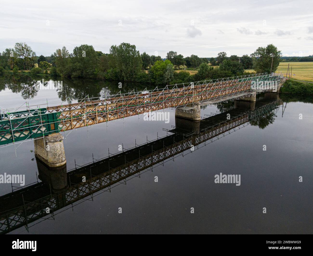 Scaffolding used for maintenance or restoration work on a small bridge ...