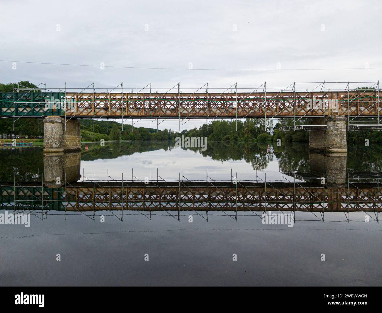 Scaffolding used for maintenance or restoration work on a small bridge ...