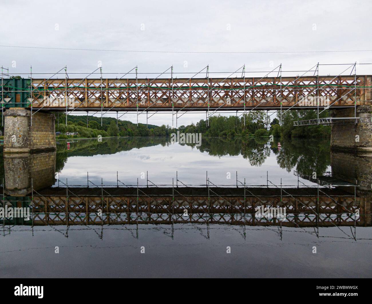 Scaffolding used for maintenance or restoration work on a small bridge ...