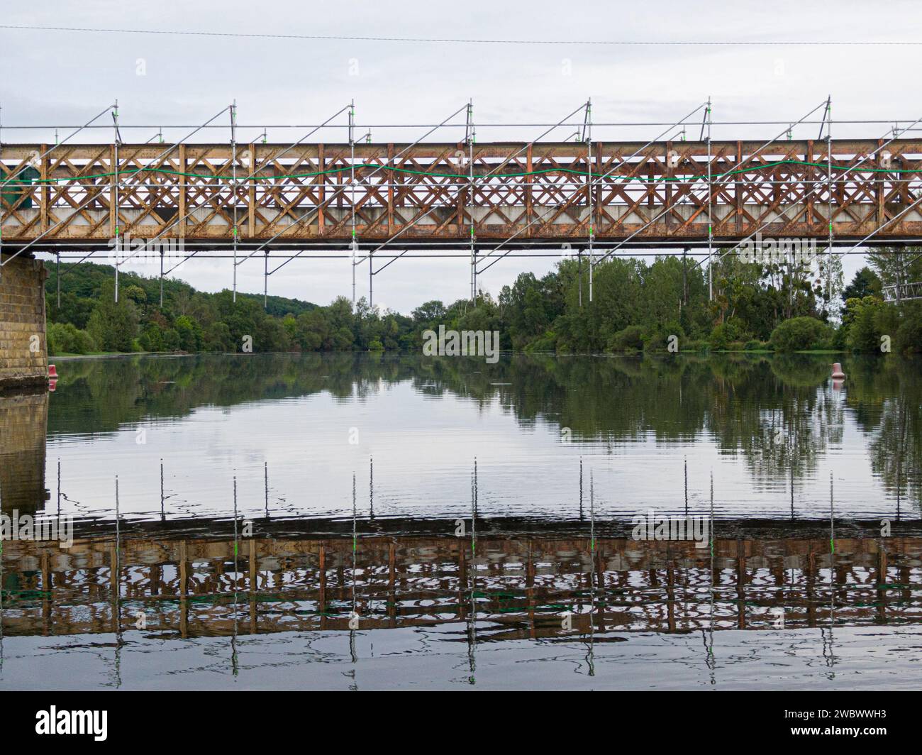 Scaffolding used for maintenance or restoration work on a small bridge ...
