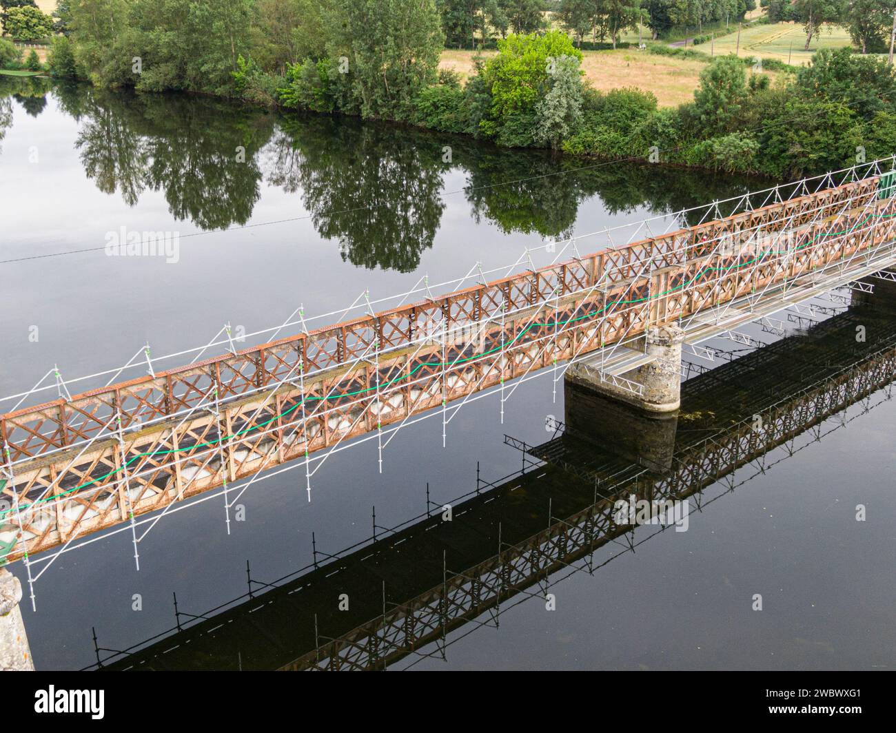 Scaffolding used for maintenance or restoration work on a small bridge ...