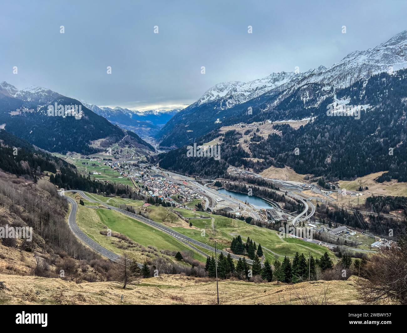 Aerial view of Airolo village in the Swiss Alps, from the Gotthard Pass ...