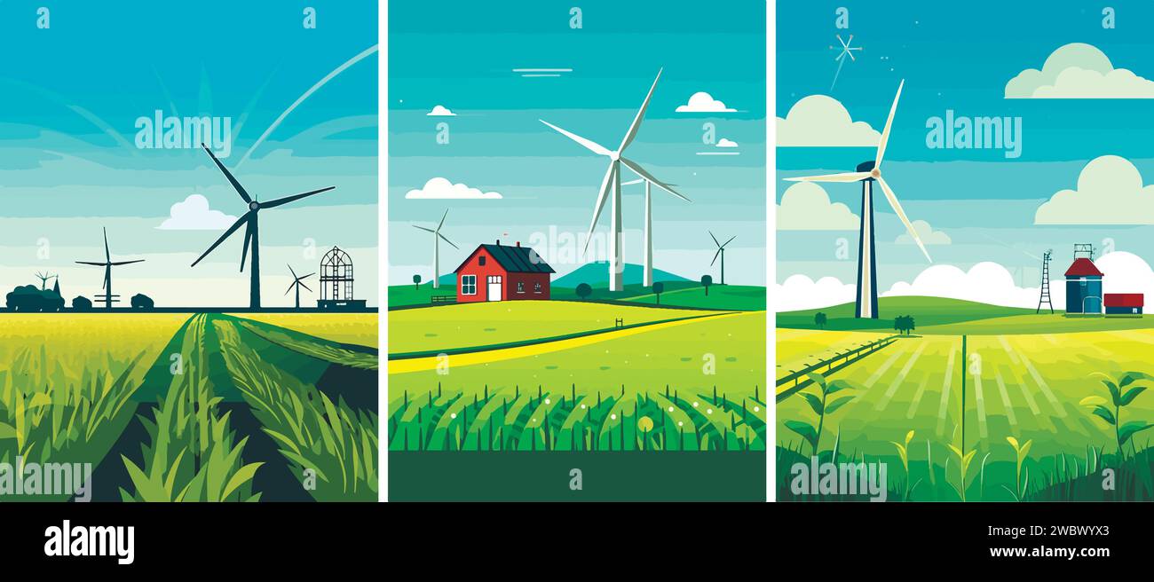 Wind power turbines and windmills vector illustration. A landscape with ...