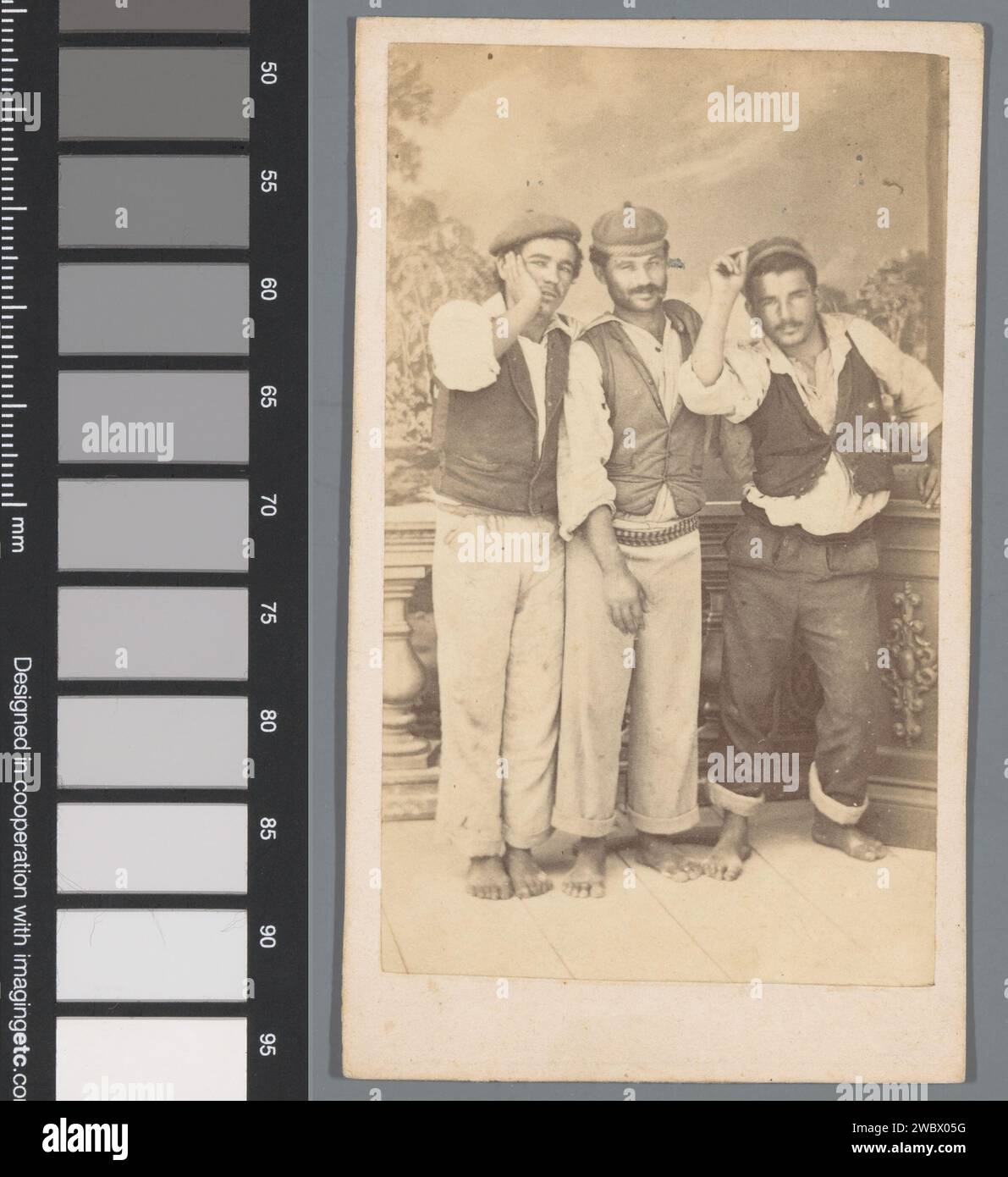 Portrait of three unknown men with caps and barefoot, Anonymous, 1855 ...