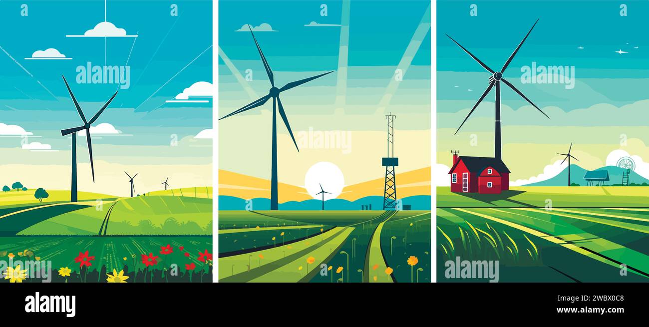 Wind power turbines and windmills vector illustration. A landscape with ...