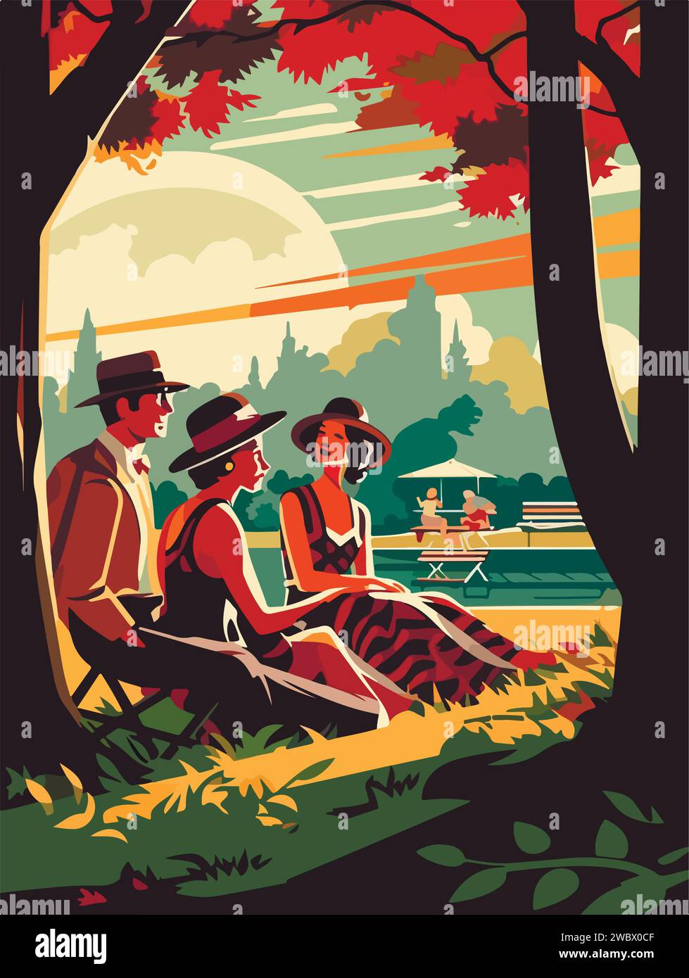 Happy family walking in park. Poster in retro style. Vector ...