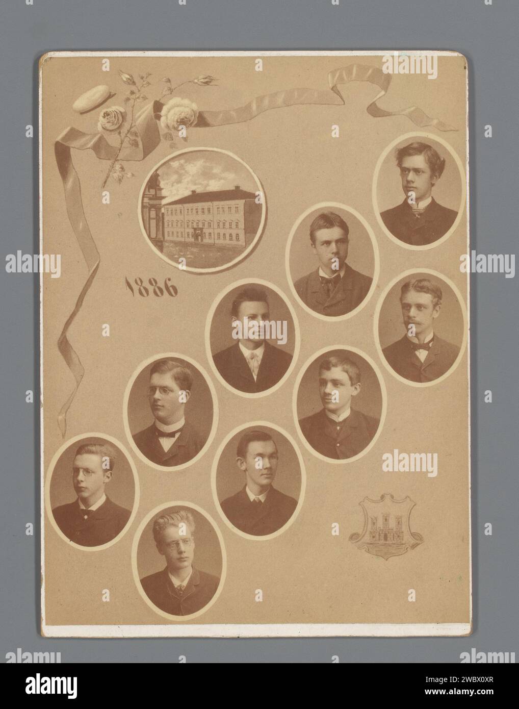 Collage with miniature portraits of nine young men, at the top left a ...