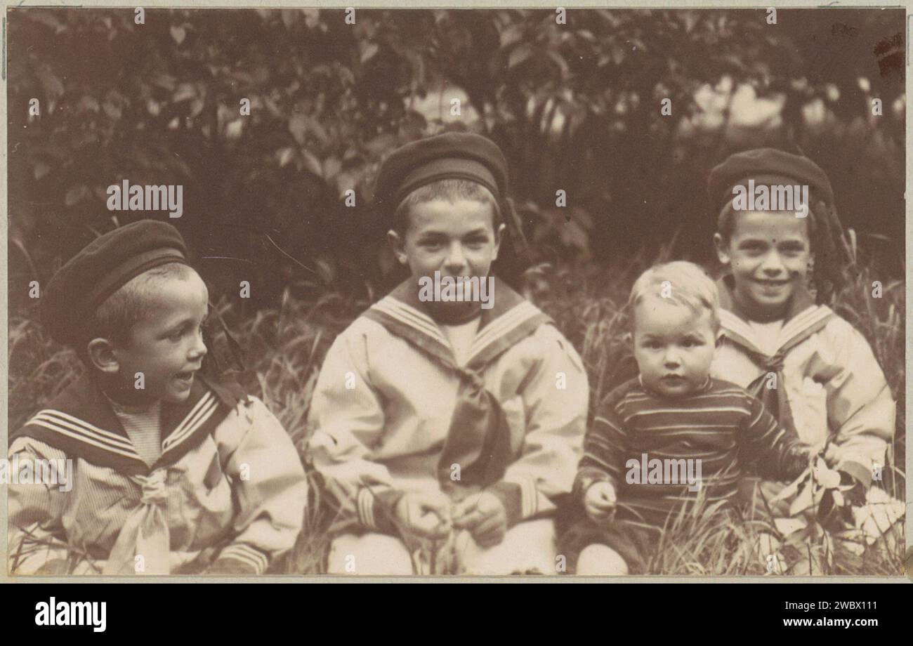 Four young children in sailor suit, sitting in the grass, anonymous, c ...