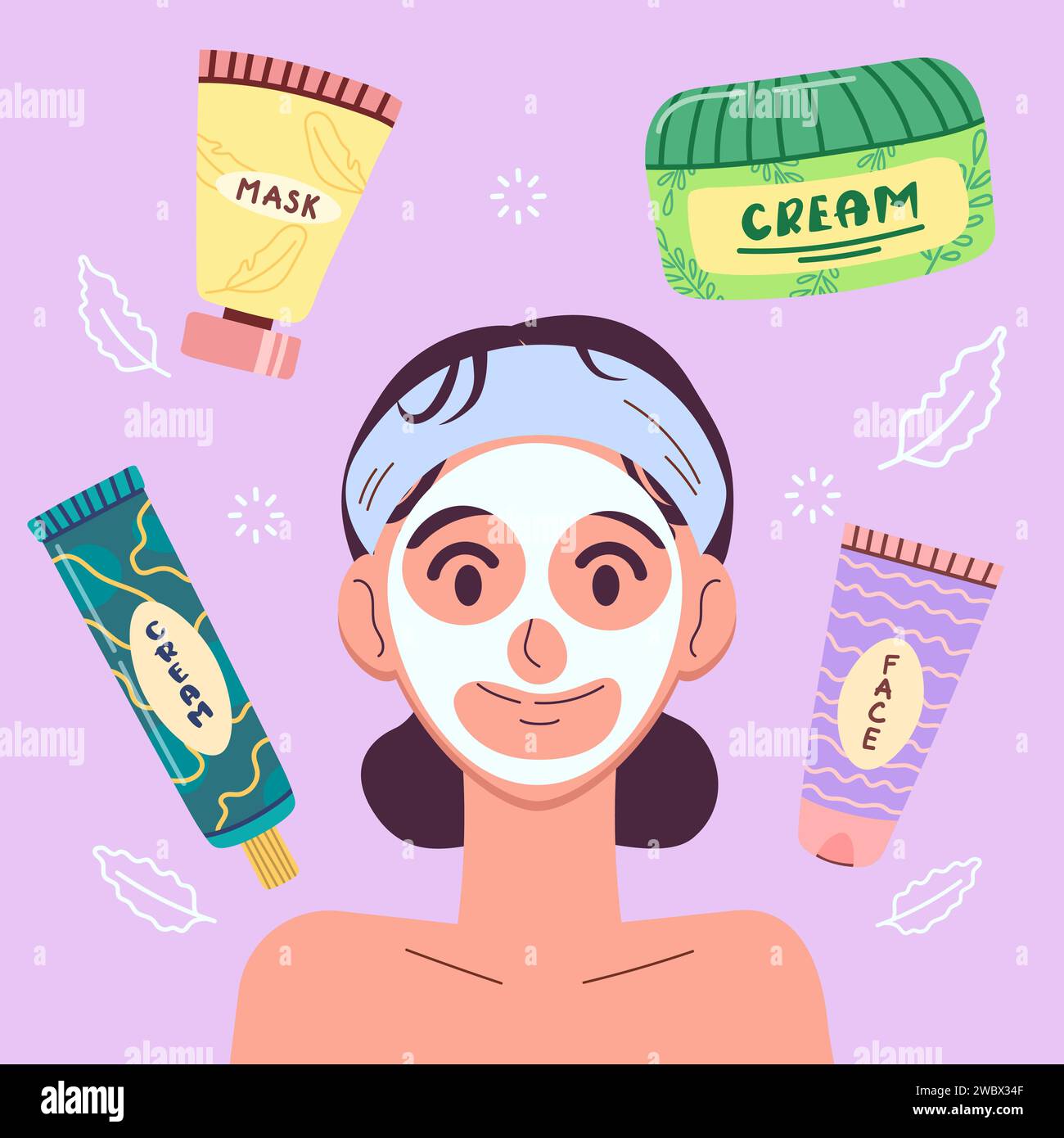 Beauty girl take Care of her Face with face mask. Bottles and tubes ...