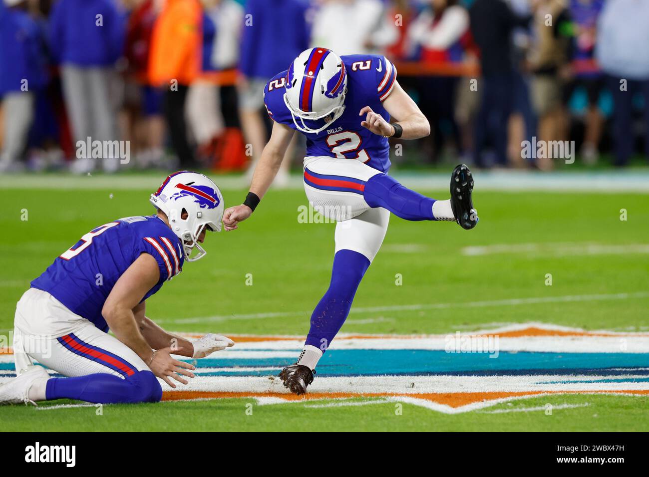 Buffalo Bills kicker Tyler Bass (2) during pregame warmups before the ...