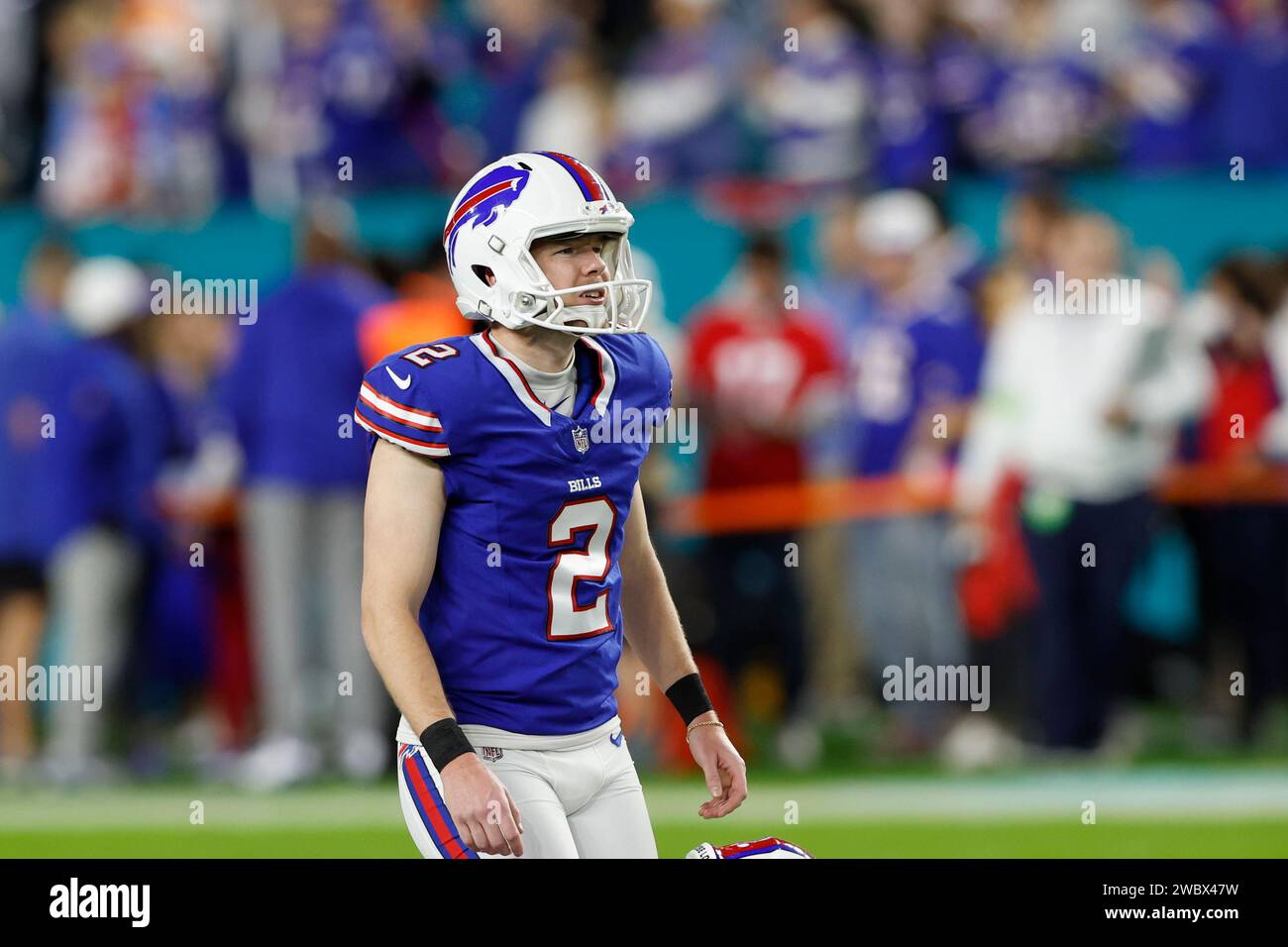 Buffalo Bills kicker Tyler Bass (2) during pregame warmups before the ...