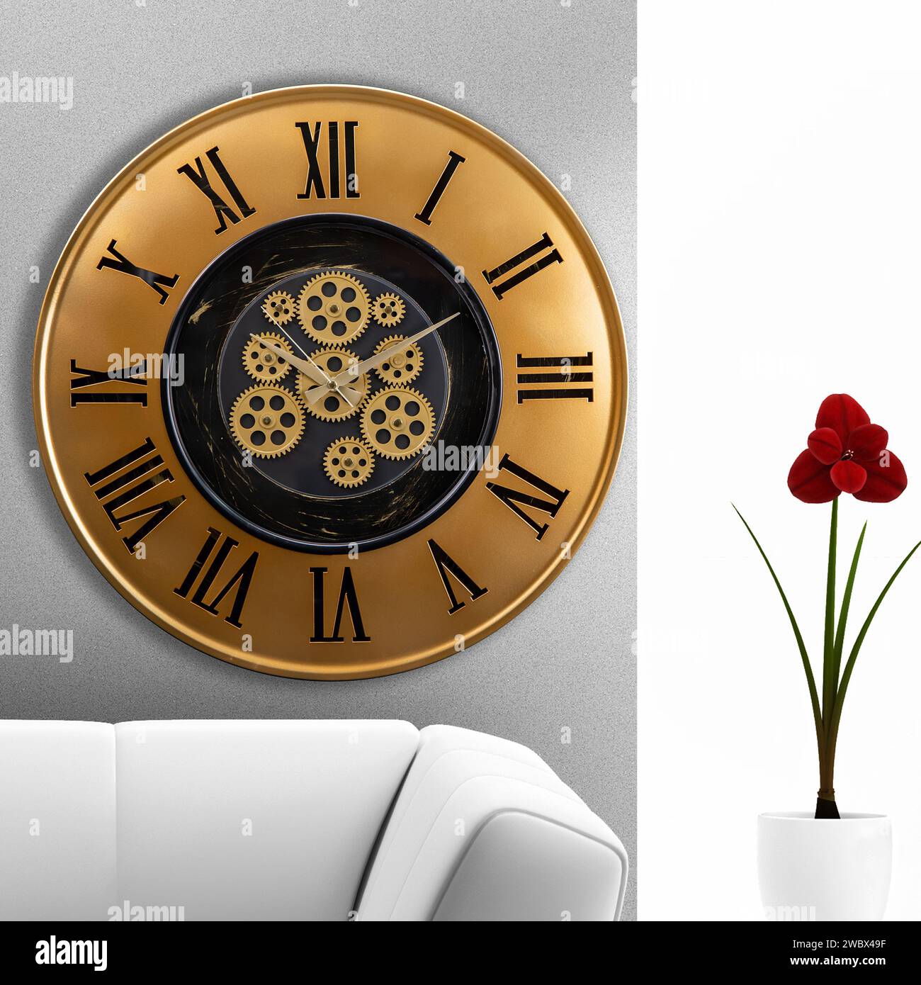 A large round indoor clock on the wall. Big clock on metal rack. Big ...