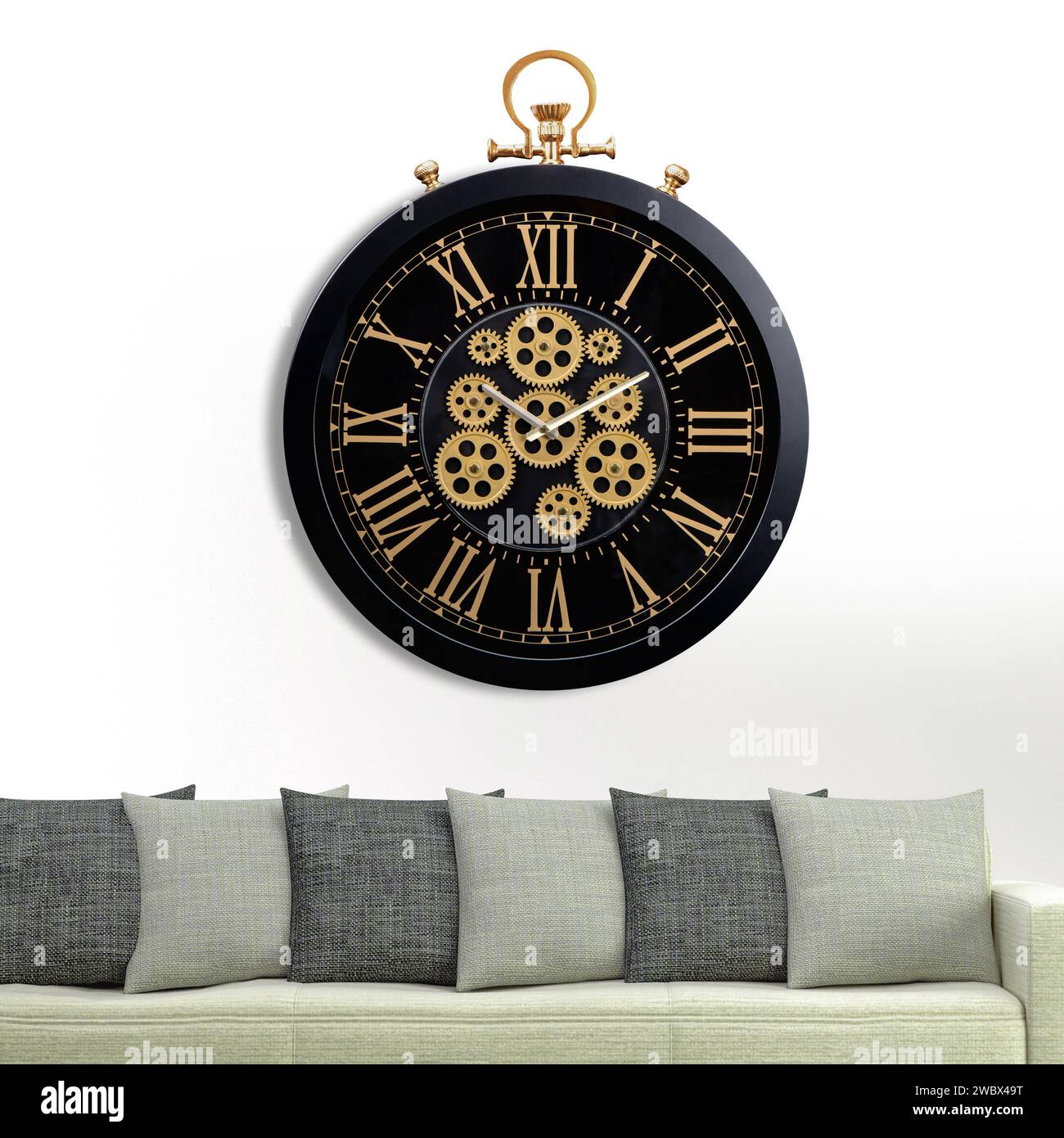 A large round indoor clock on the wall. Big clock on metal rack. Big ...
