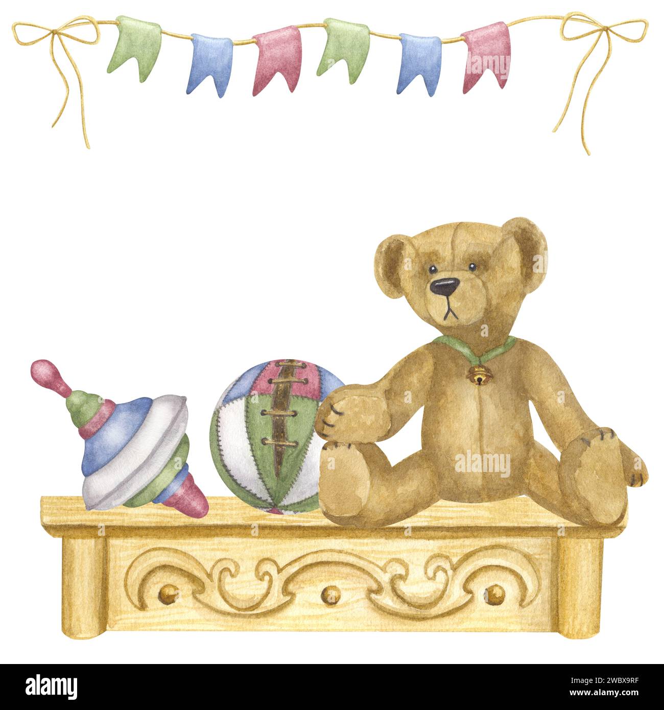 Baby toys antique brown teddy bear, with bell on green ribbon. Ball ...