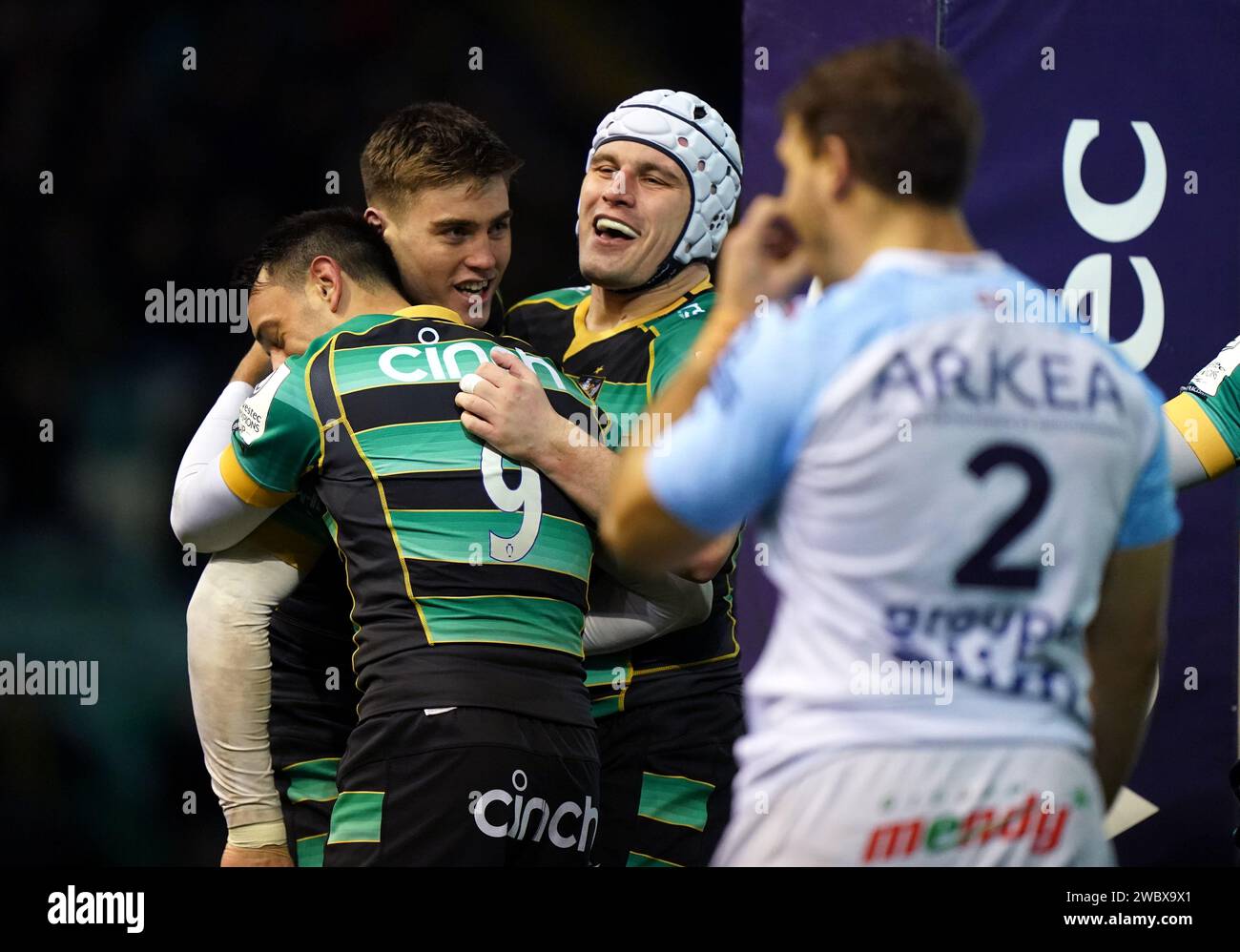 Northampton Saints' Tommy Freeman celebrates scoring their side's first ...