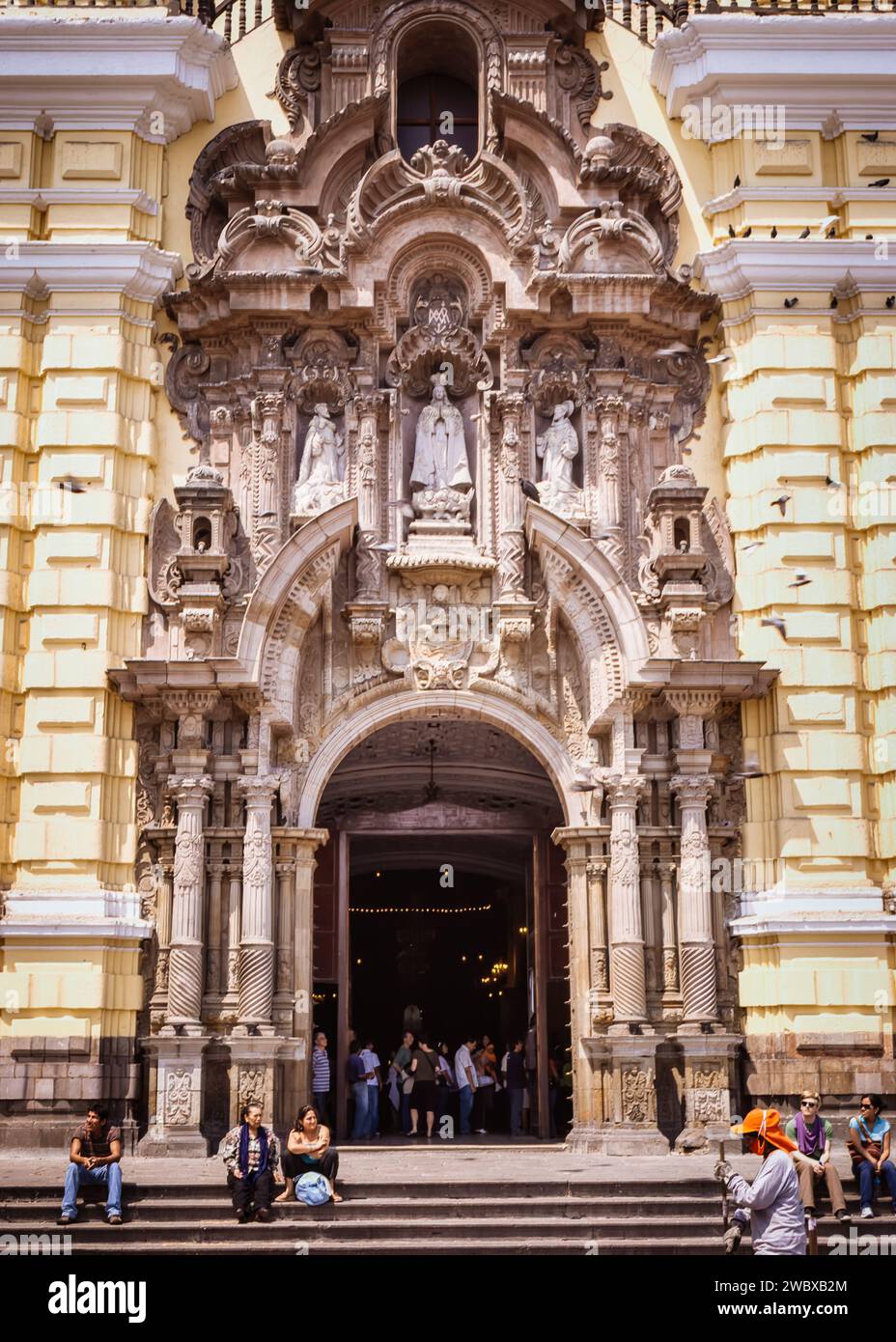 Main facade of baroque style of the church of San Francisco (Lima, Peru ...