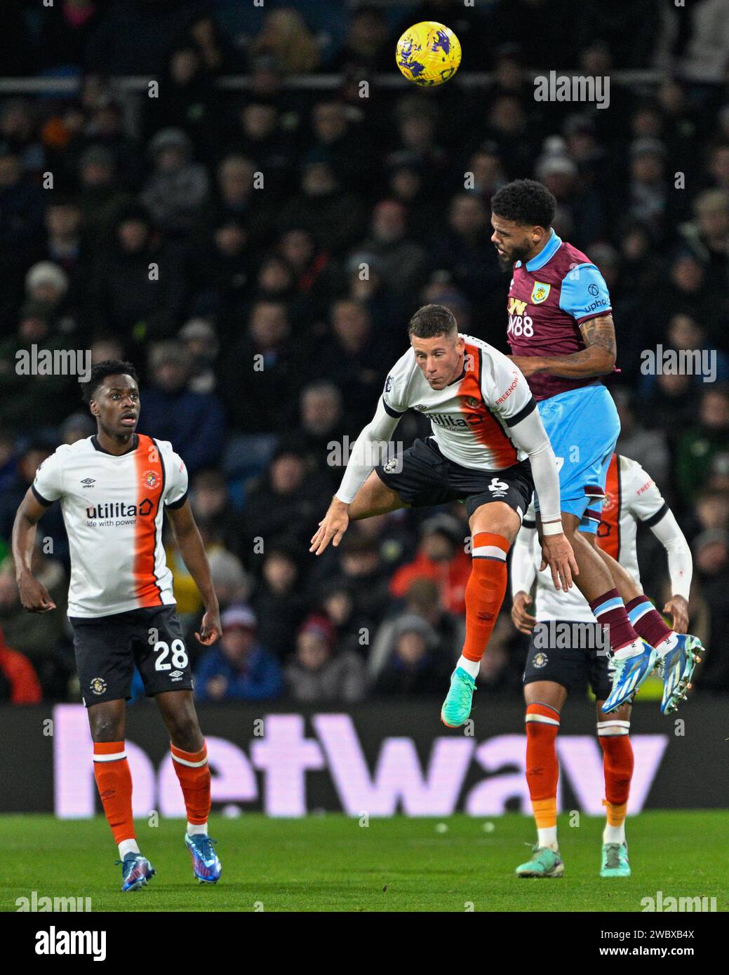 Burnley, UK. 12th Jan, 2024. Ross Barkley of Luton Town and Lyle Foster ...