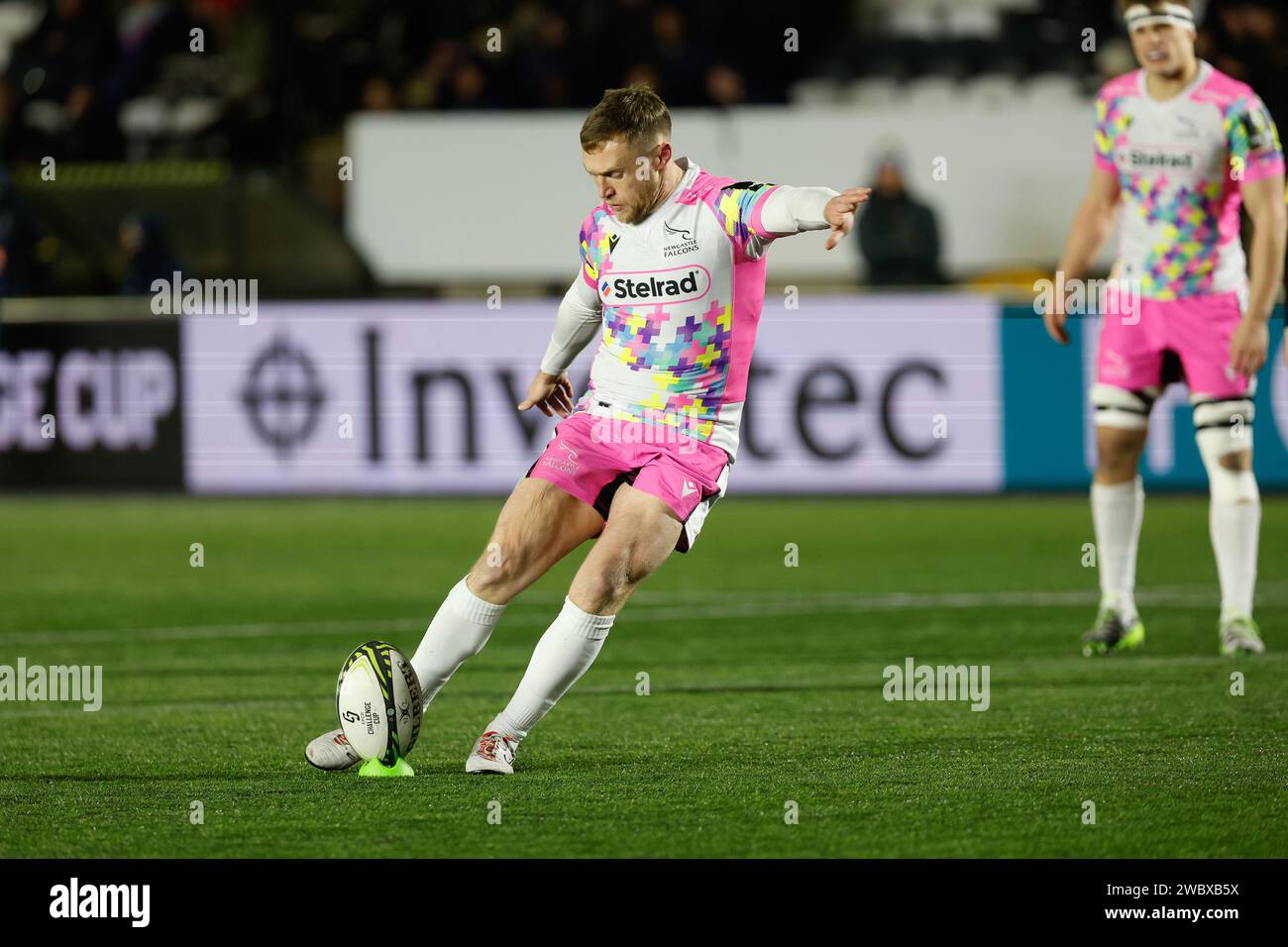 Newcastle, UK. 12th Jan, 2024. Brett Connon of Newcastle Falcons kicks ...
