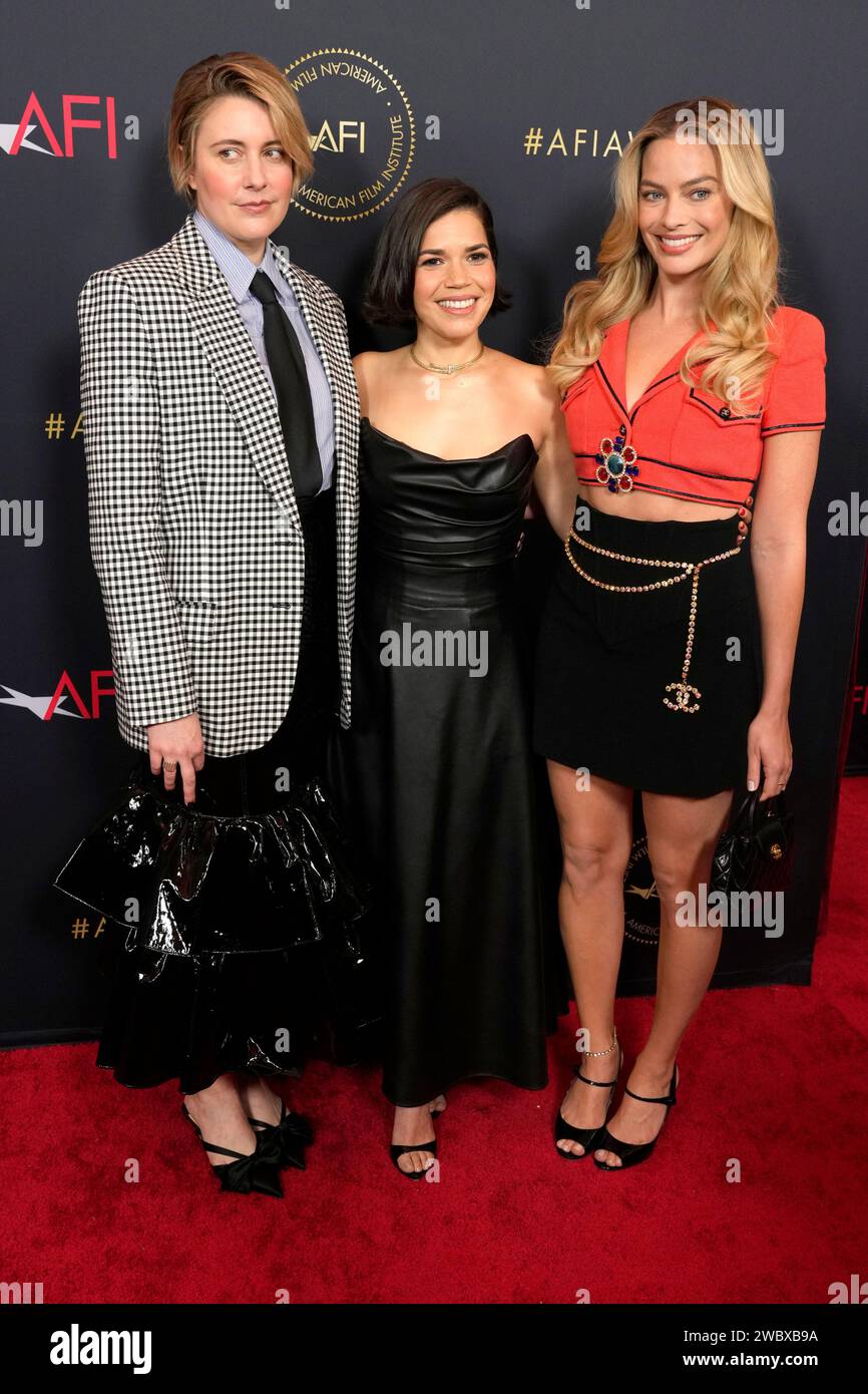 Greta Gerwig, from left, America Ferrera, and Margot Robbie arrive at ...