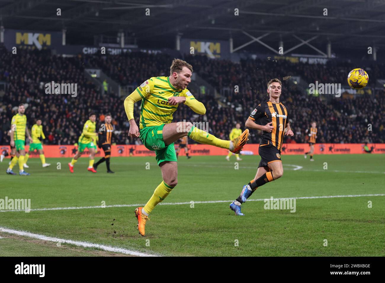 Hull, UK. 12th Jan, 2024. Jack Stacey of Norwich City clears the ball ...