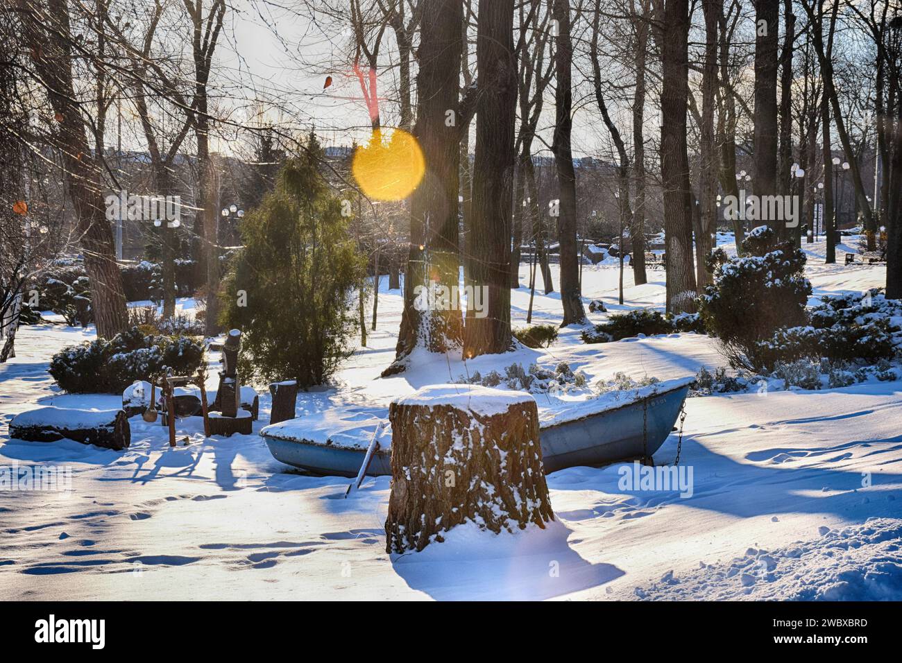The empty wooden table top with blur background of winter in Finland ...