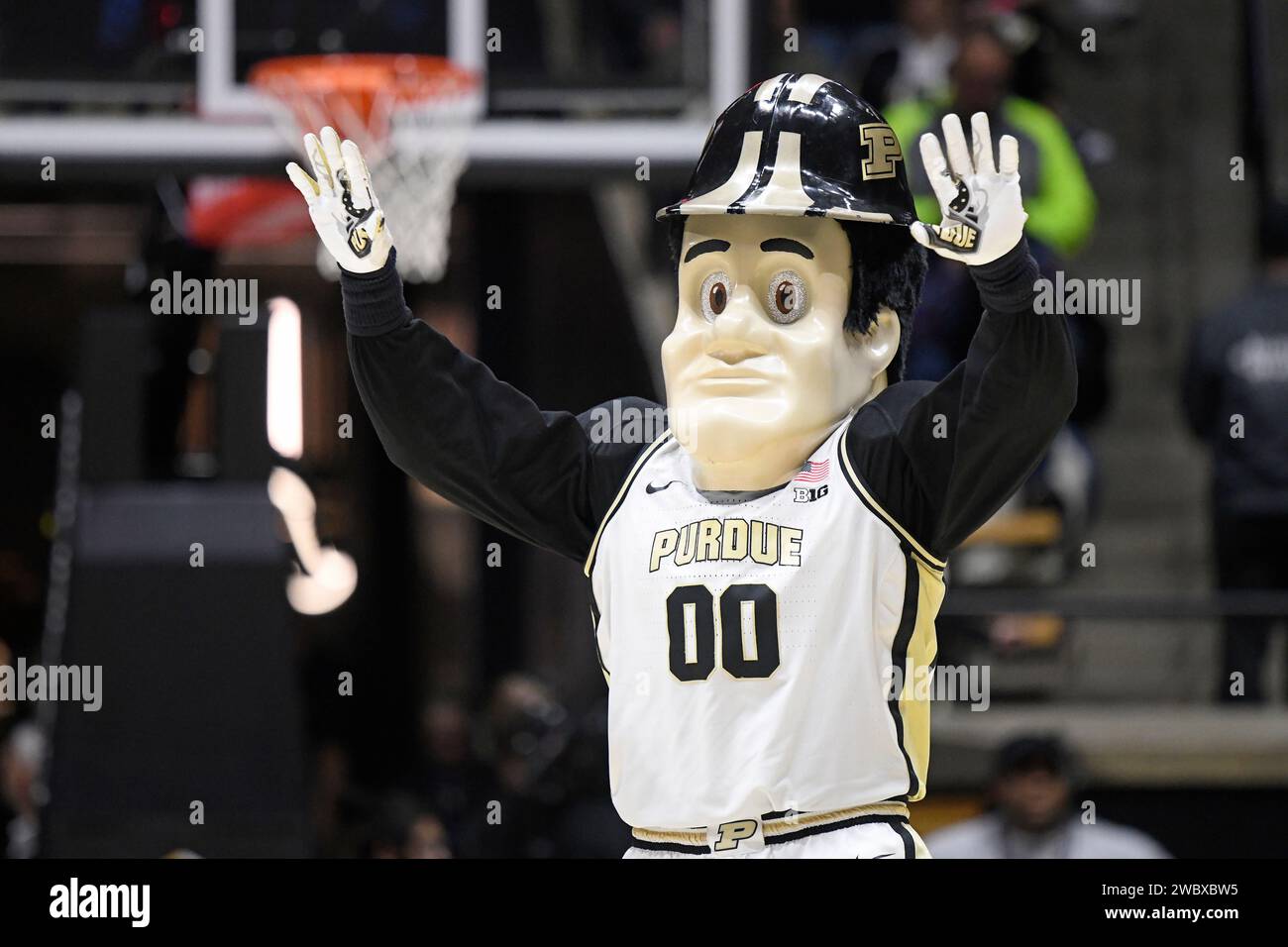 WEST LAFAYETTE, IN - JANUARY 10: Purdue Boilermakers mascot Purdue Pete waves during the women's ...