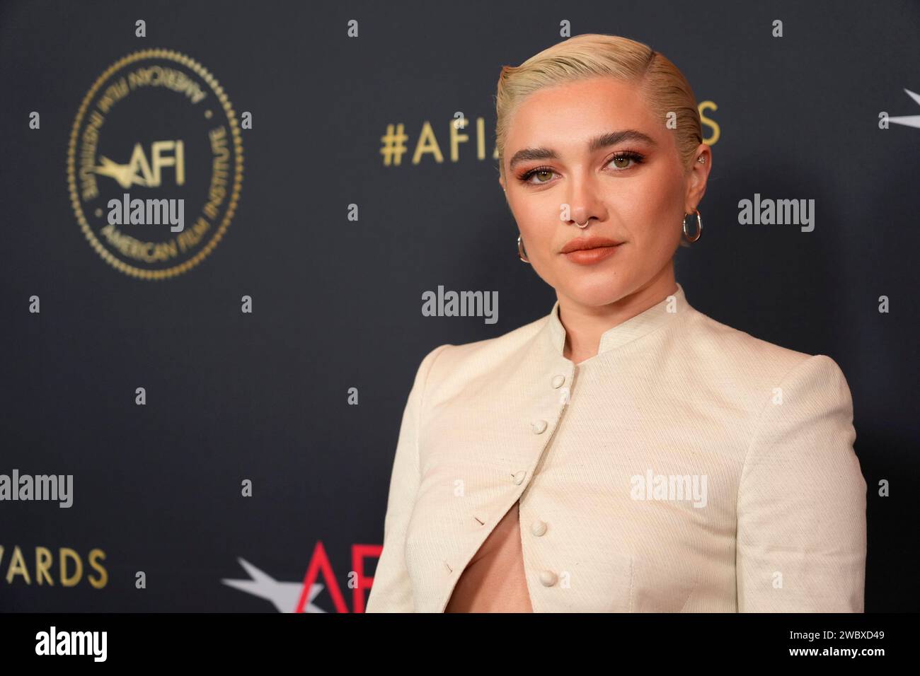 Florence Pugh arrives at the AFI Awards on Friday, Jan. 12, 2024, at ...