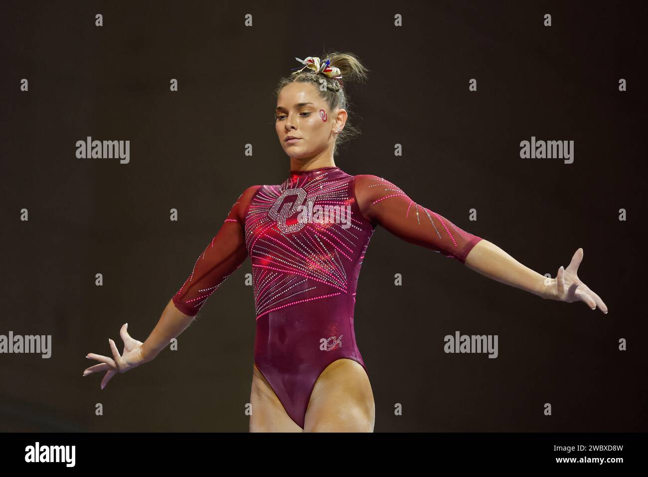 Oklahoma's Jordan Bowers competes on the balance beam during an NCAA ...