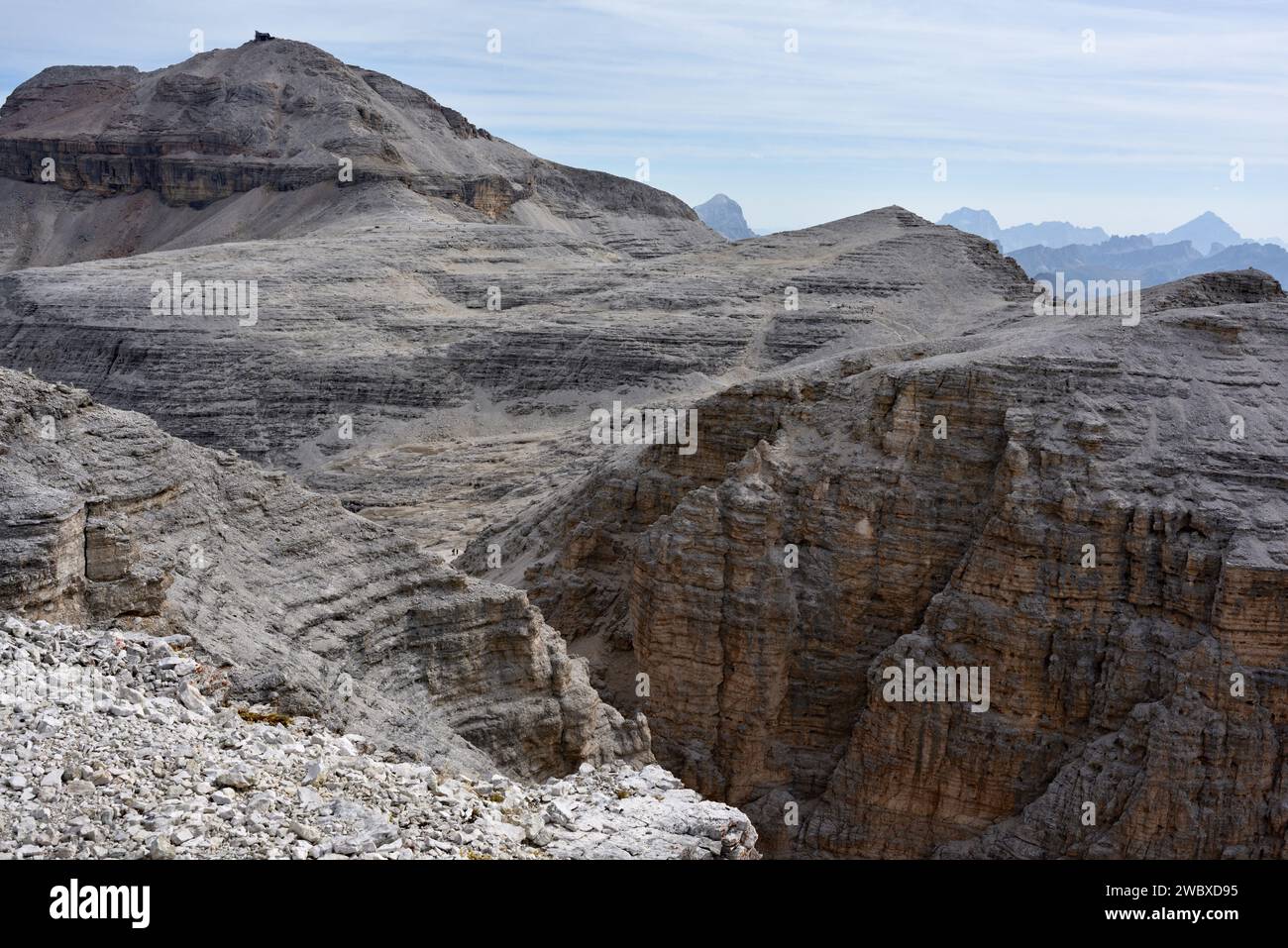 Hiking in the Col Rodella range of the Dolomite Mountains, Italy Stock ...
