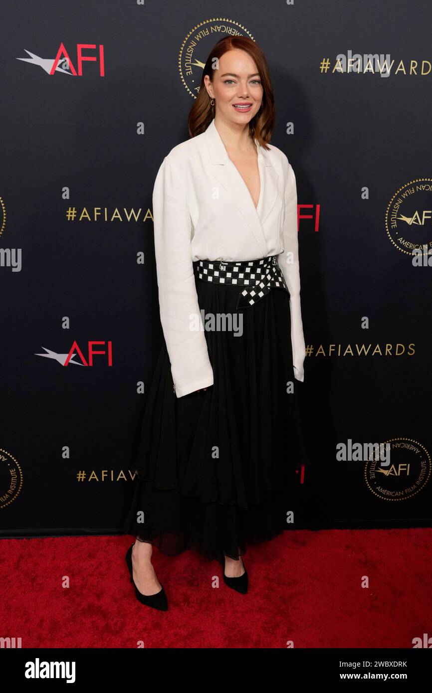 Emma Stone arrives at the AFI Awards on Friday, Jan. 12, 2024, at the ...