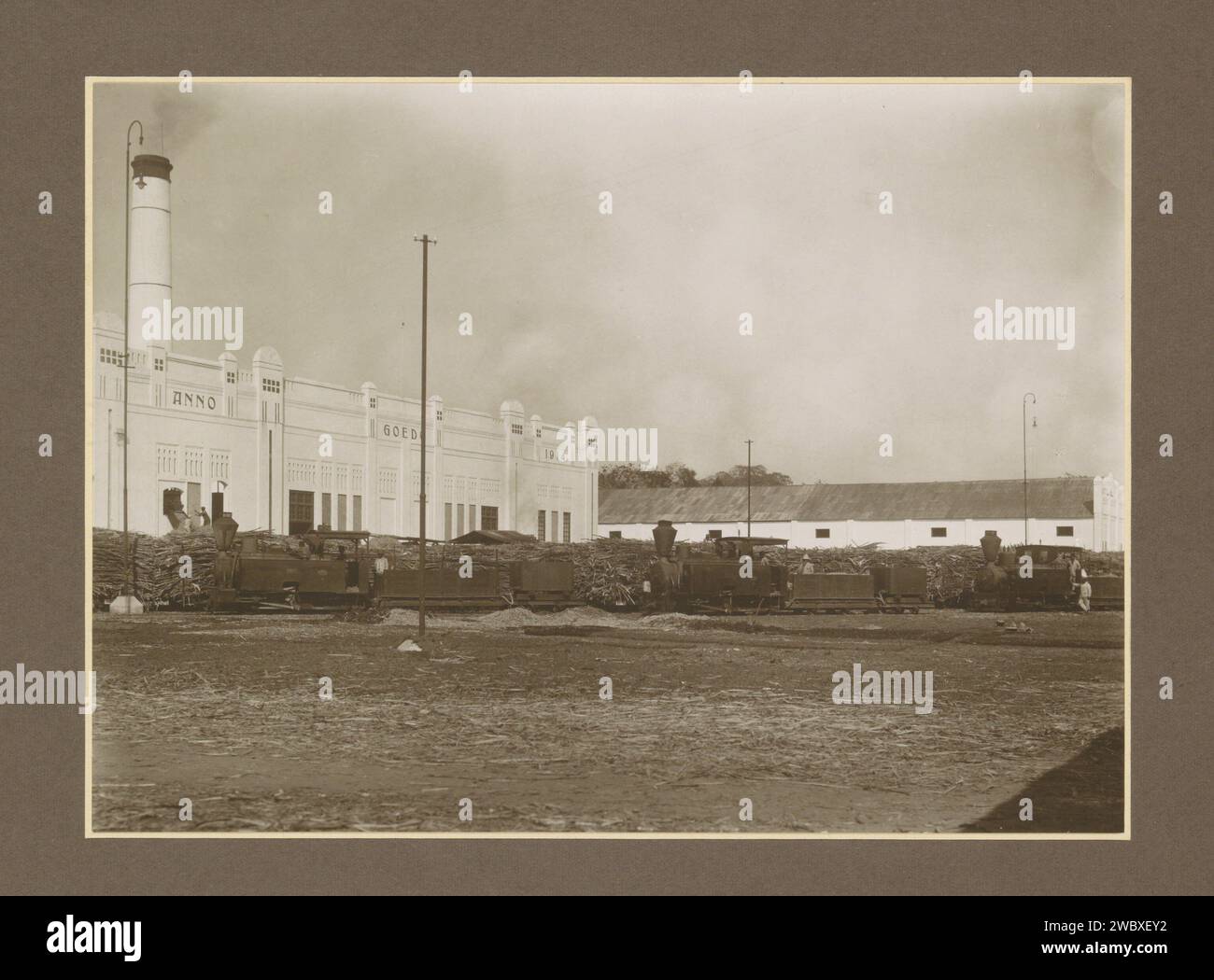 Emplacement with train wagons and hall with chimney of sugar factory ...