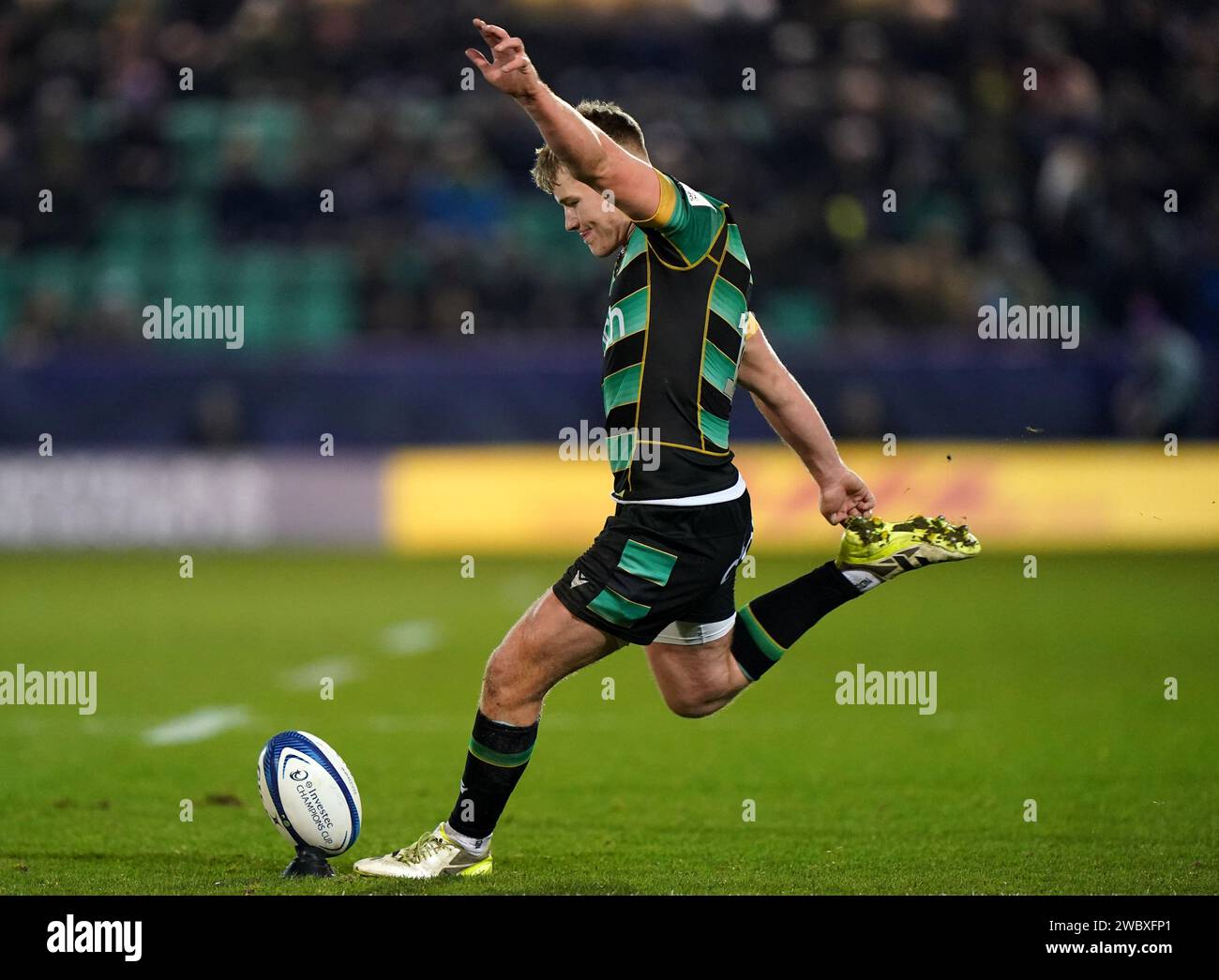 Northampton Saints' Fin Smith converts a try during the Investec ...