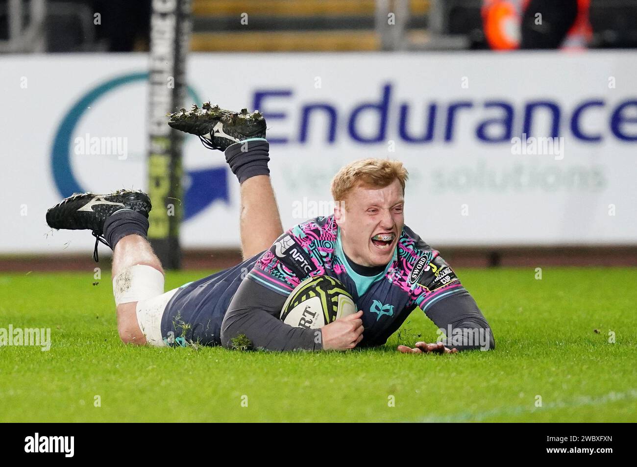 Ospreys' Iestyn Hopkins scores the first try during the EPCR Challenge ...
