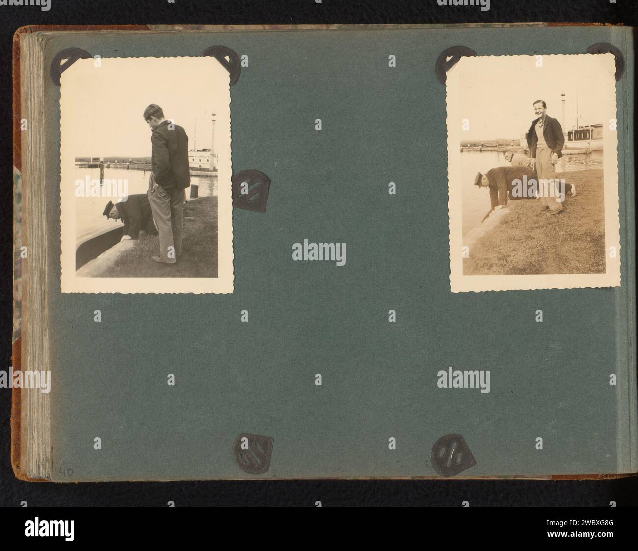 Two photos of three men who get a boat on the quay, Anonymous, 1920 ...