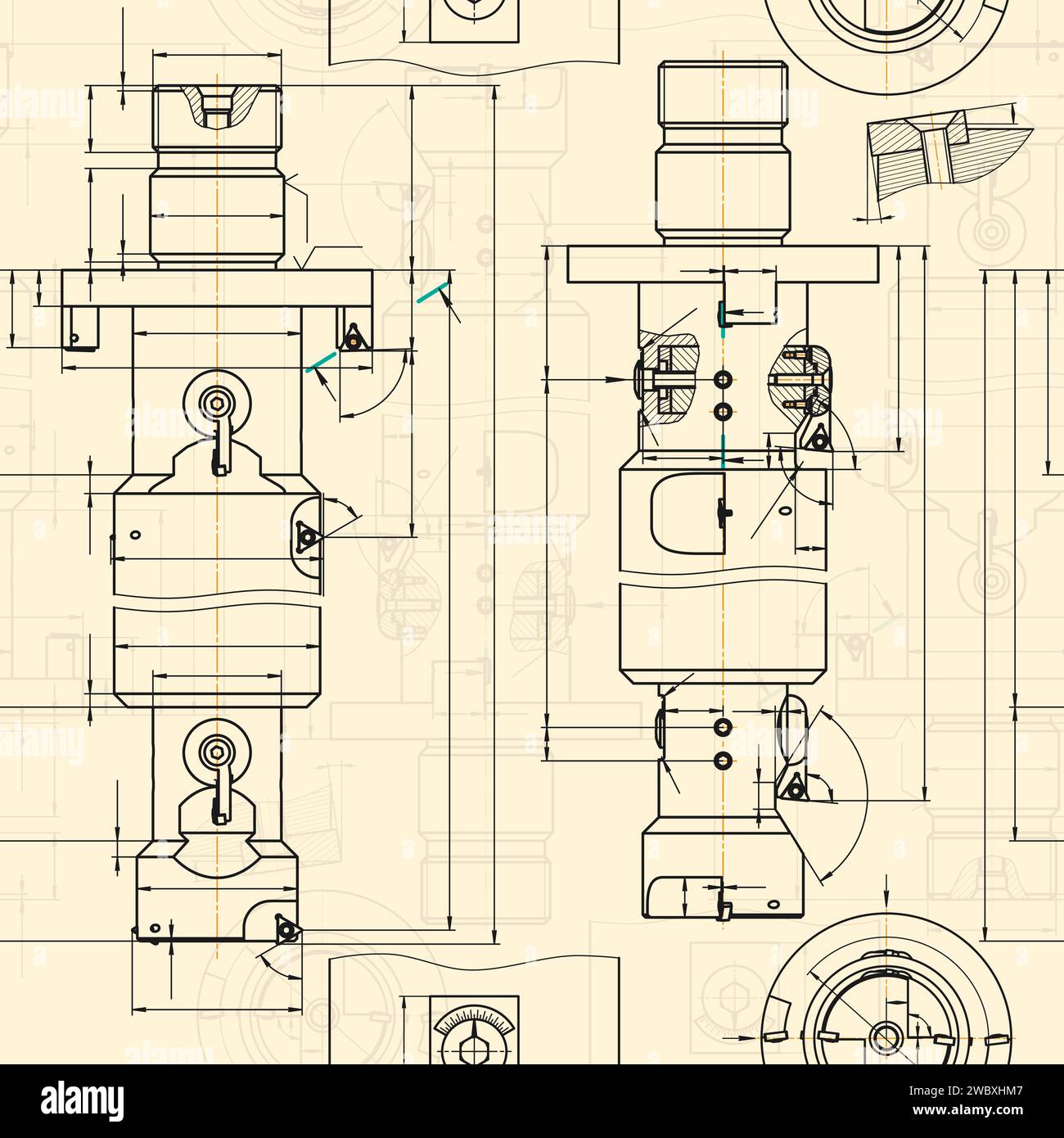 Mechanical engineering drawings on sepia background. Tap tools, borer ...