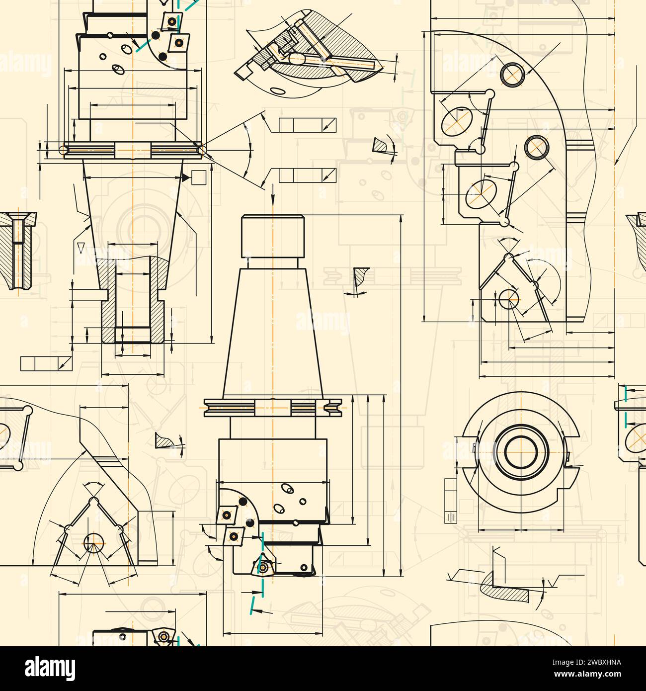 Mechanical engineering drawings on sepia background. Tap tools, borer ...