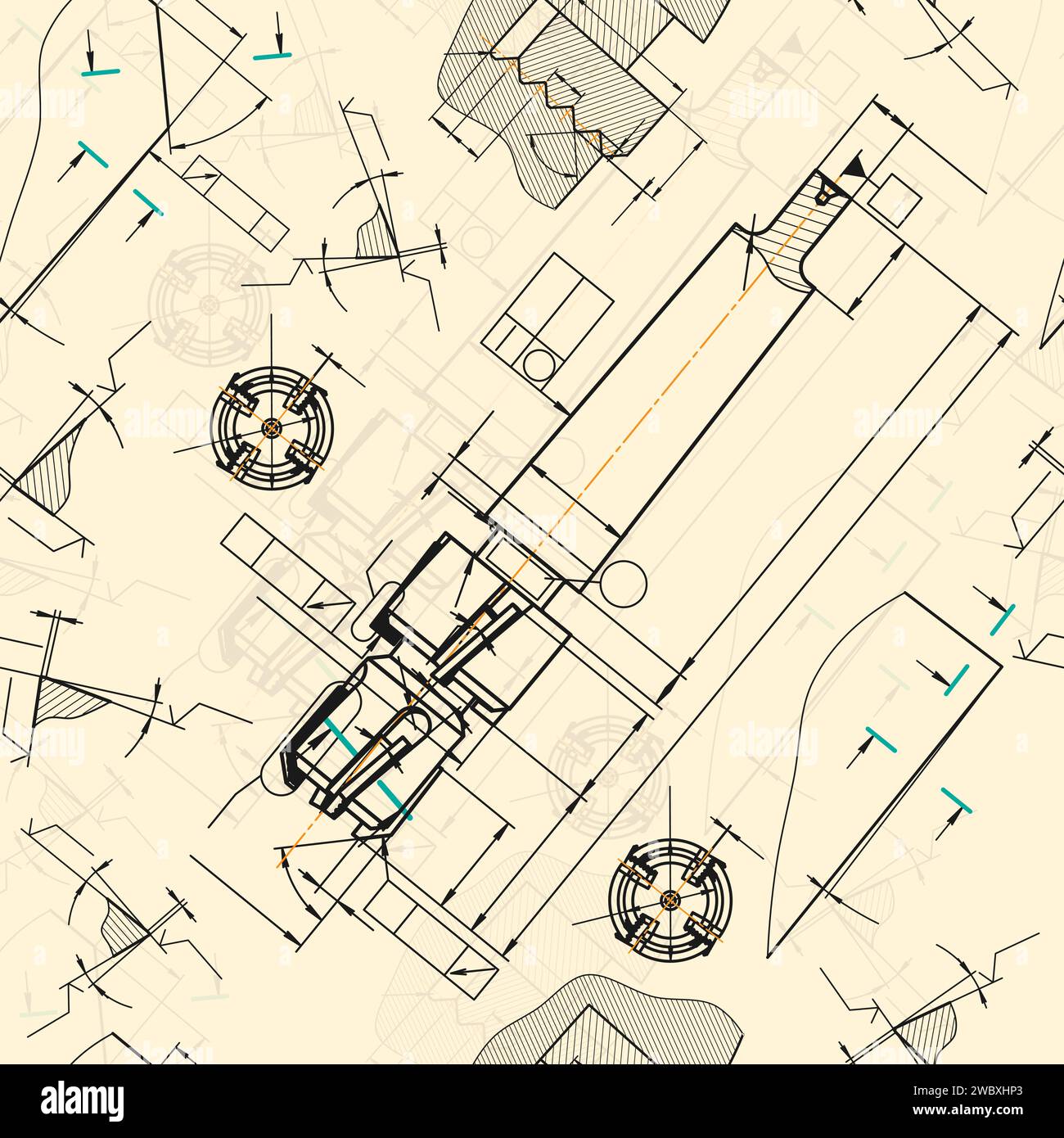 Mechanical engineering drawings on sepia background. Tap tools, borer ...