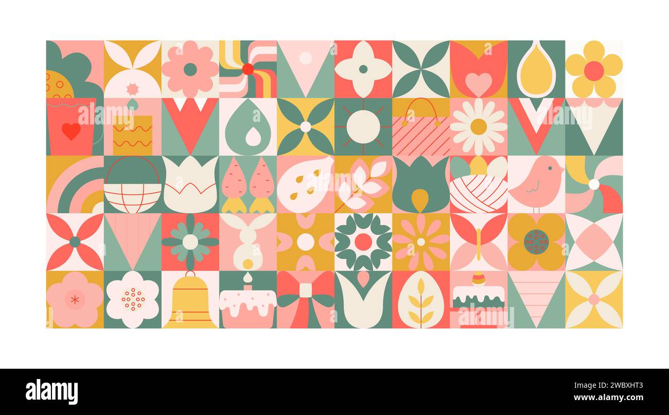 Easter geometric square bright flat banner with bunny, eggs, plants ...