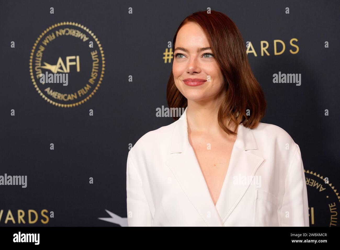 Emma Stone arrives at the AFI Awards on Friday, Jan. 12, 2024, at the ...